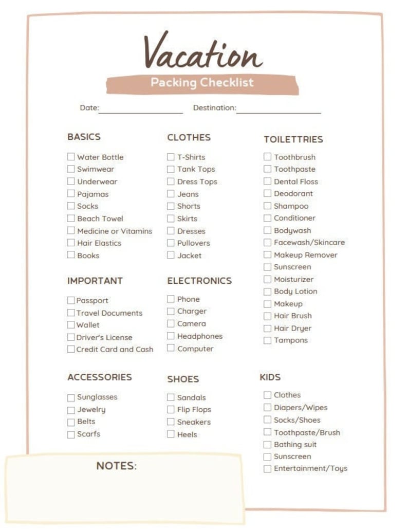Vacation Packing List - Etsy