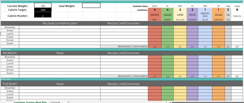 Colored Container System Meal Plan - Etsy