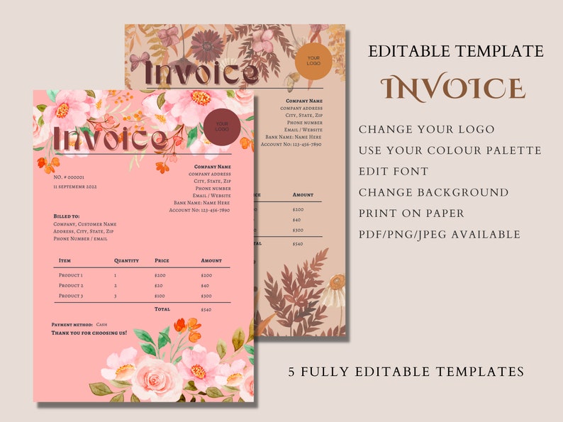 INVOICE TEMPLATE Download Floral 5 Colors Premade Invoice - Etsy