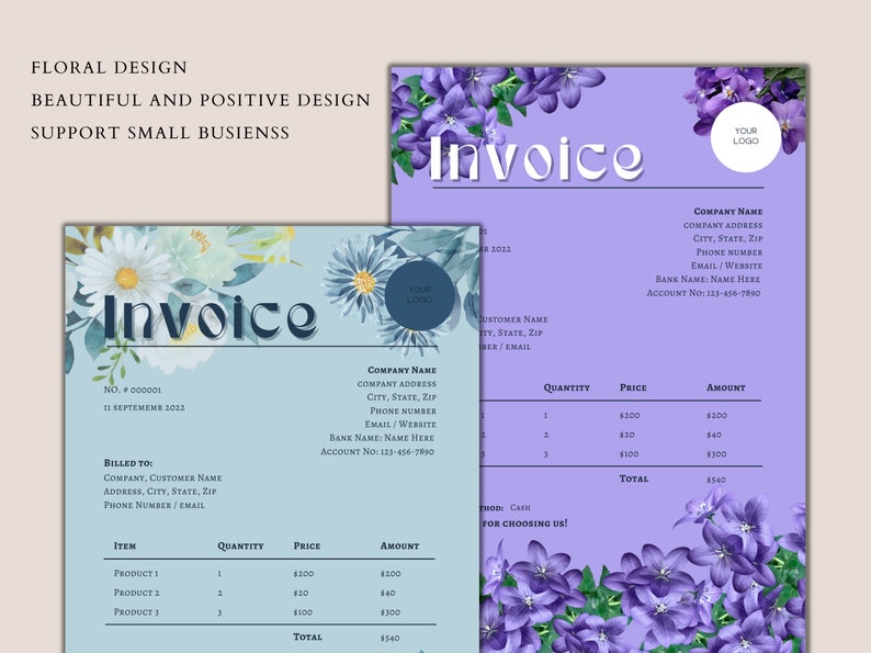 INVOICE TEMPLATE Download Floral 5 Colors Premade Invoice - Etsy