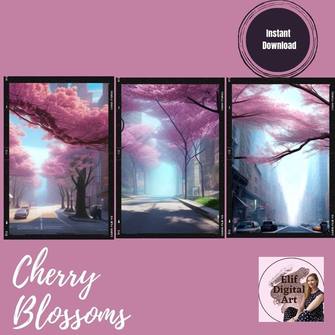 Cherry Blossom Tree Digital Artwork, Wall Art, Instant Download, 3 Set ...