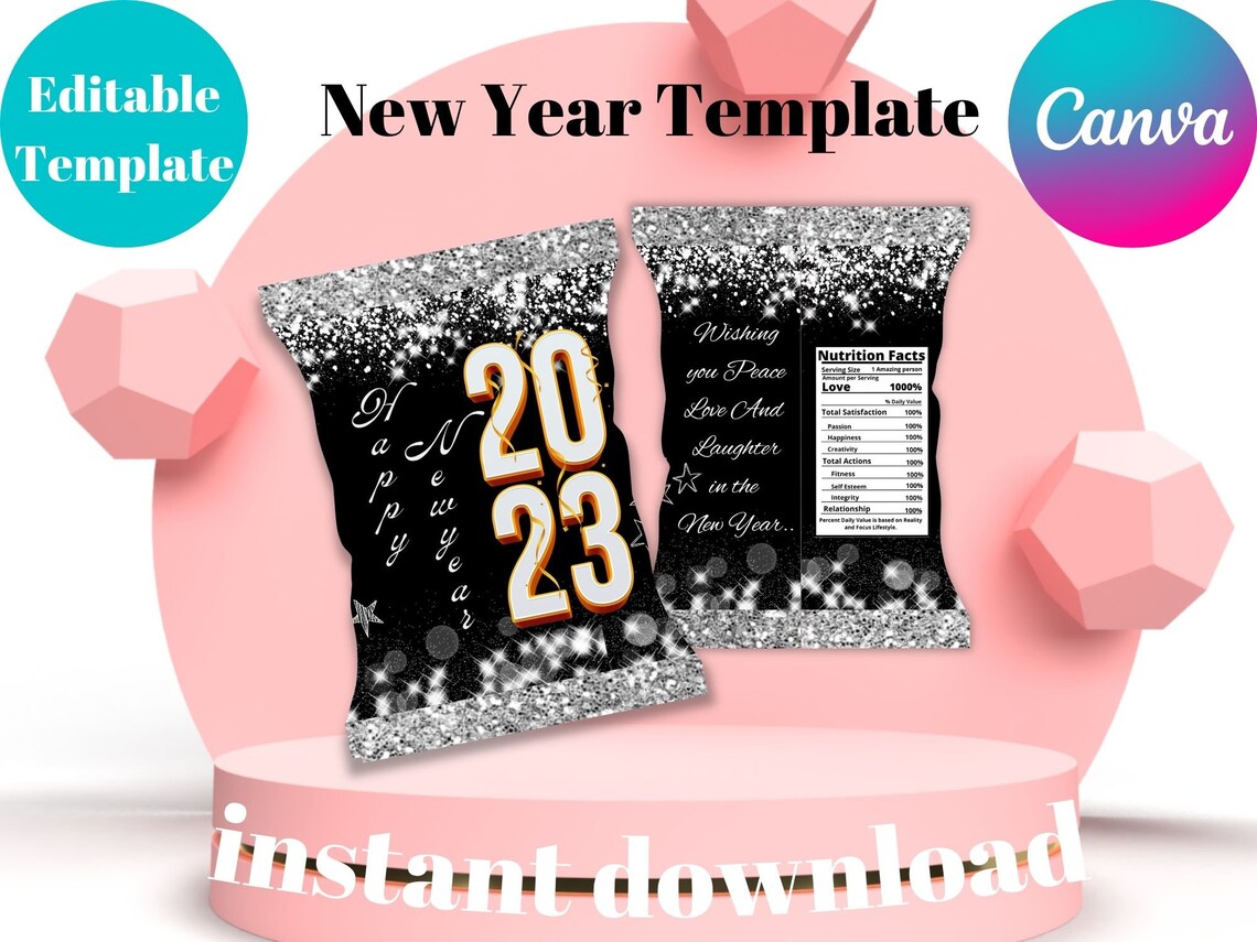 EDITABLE New Year Chip Bag Wrapper Template, Black & Gold Personalized ...