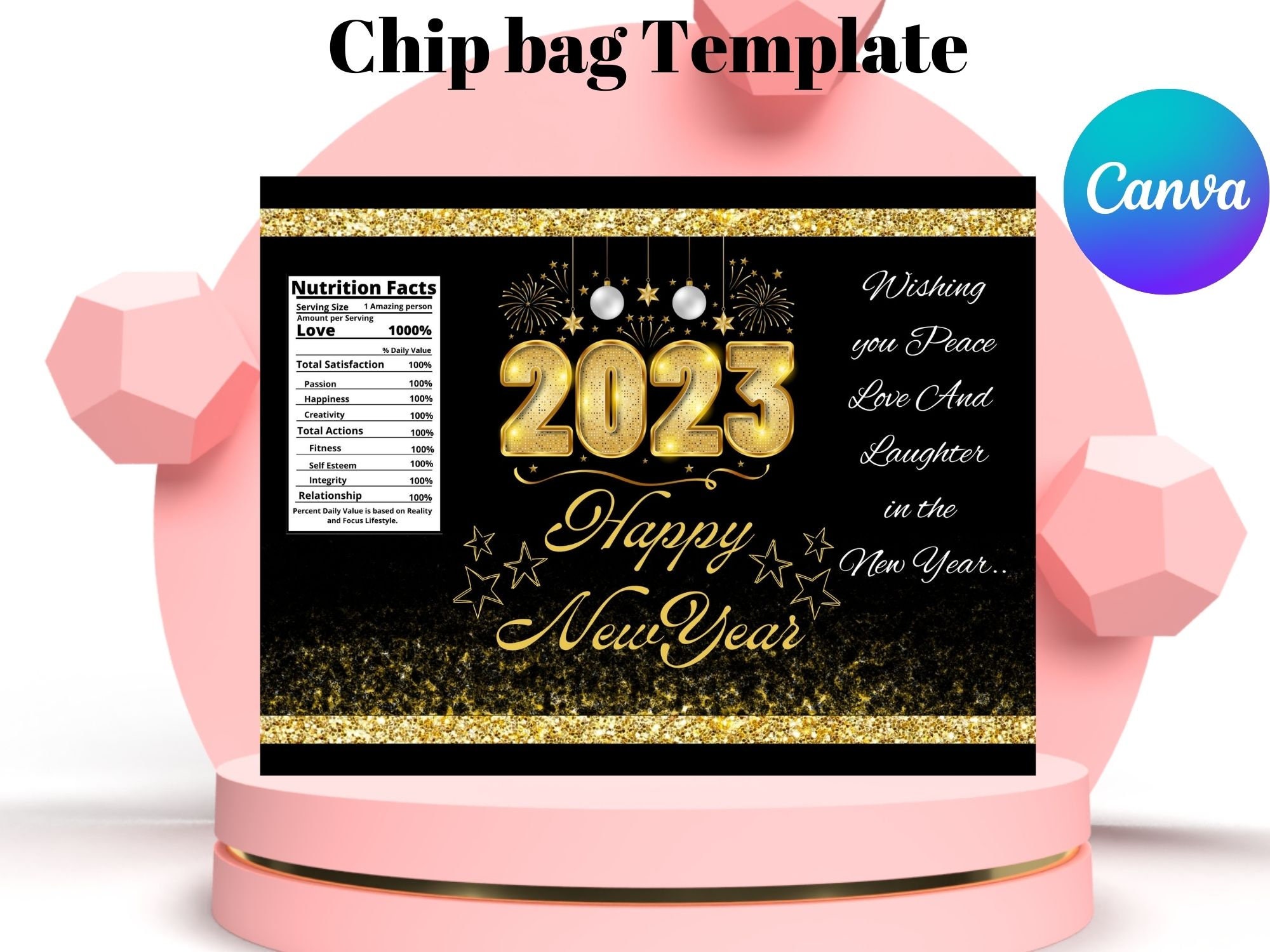 EDITABLE New Year Chip Bag Wrapper Template, Black & Gold Personalized ...