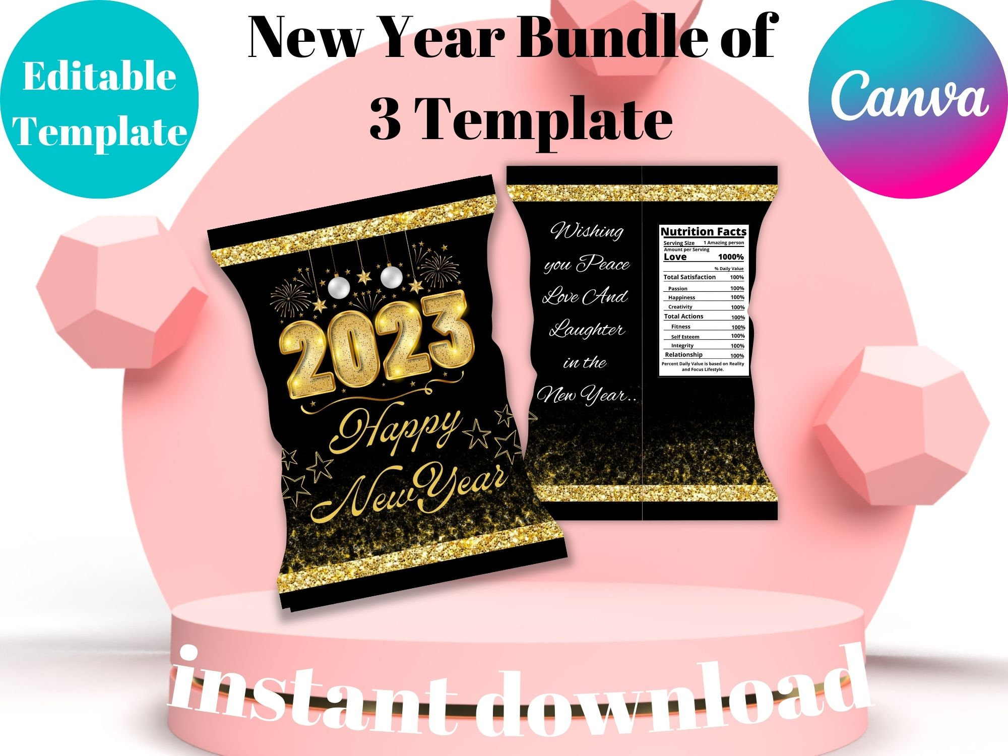 EDITABLE New Year Chip Bag Wrapper Template, Black & Gold Personalized ...