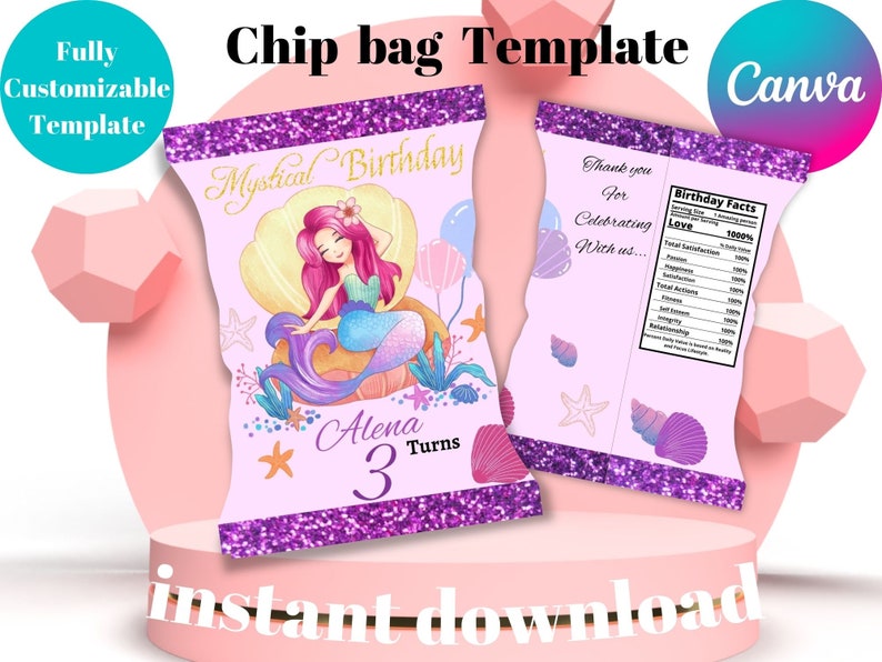 Editable Mermaid Chip Bag Wrappers Under the Sea Birthday Party Chip ...