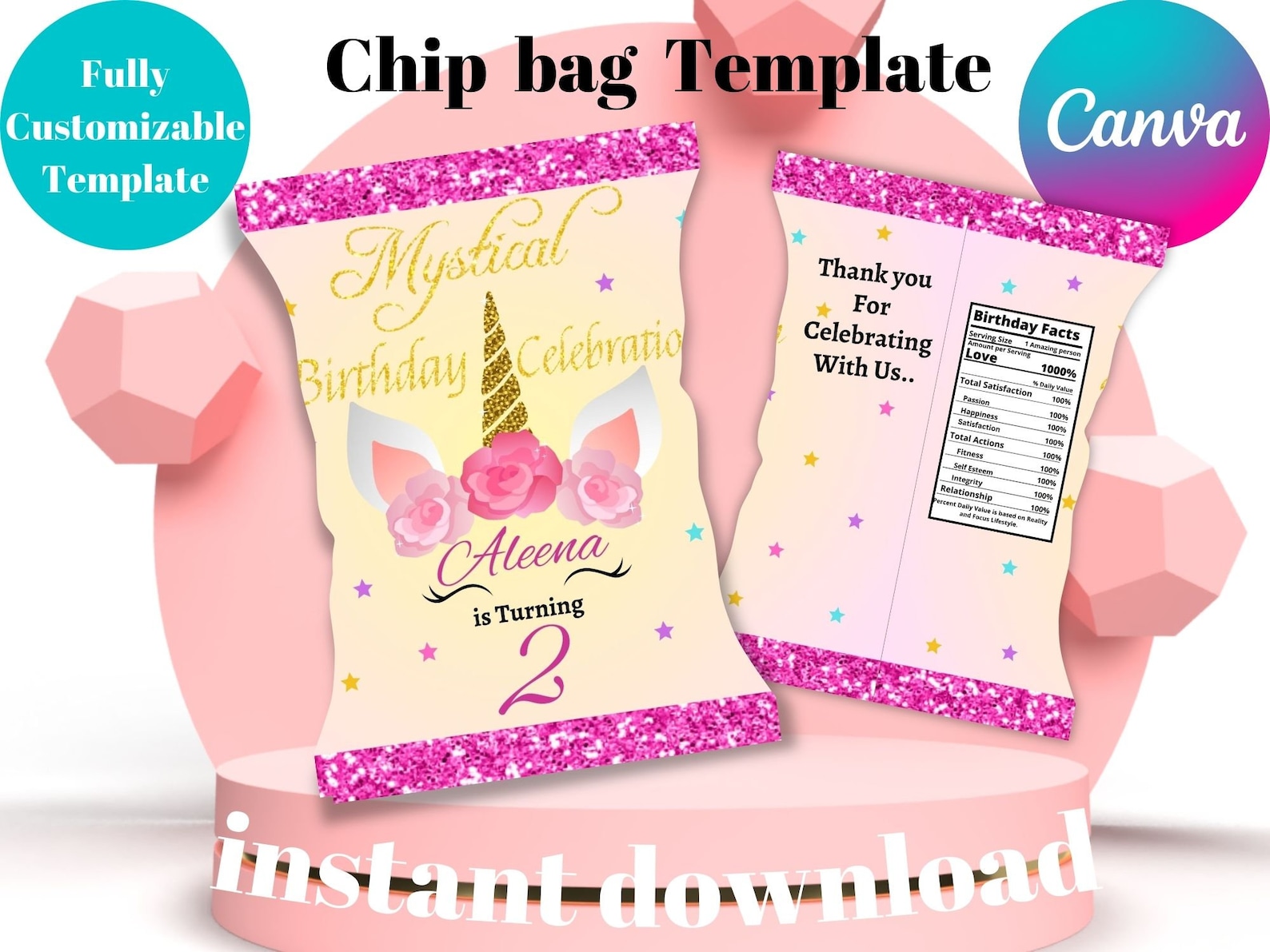 Unicorn Chip Bag Template, Editable Label, Chip Bag Templates, Chip Bag ...