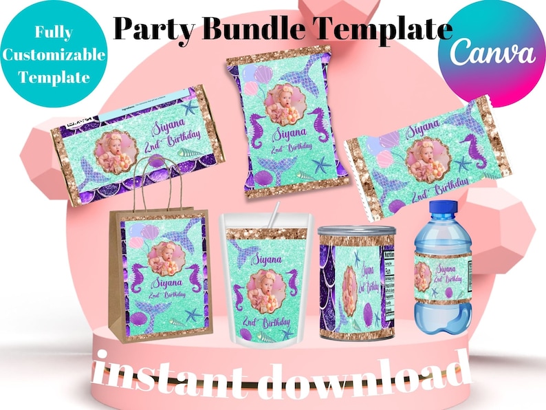 Mermaid Chip Bag Bundle Template, Editable Mermaid Party Favor Bundle ...