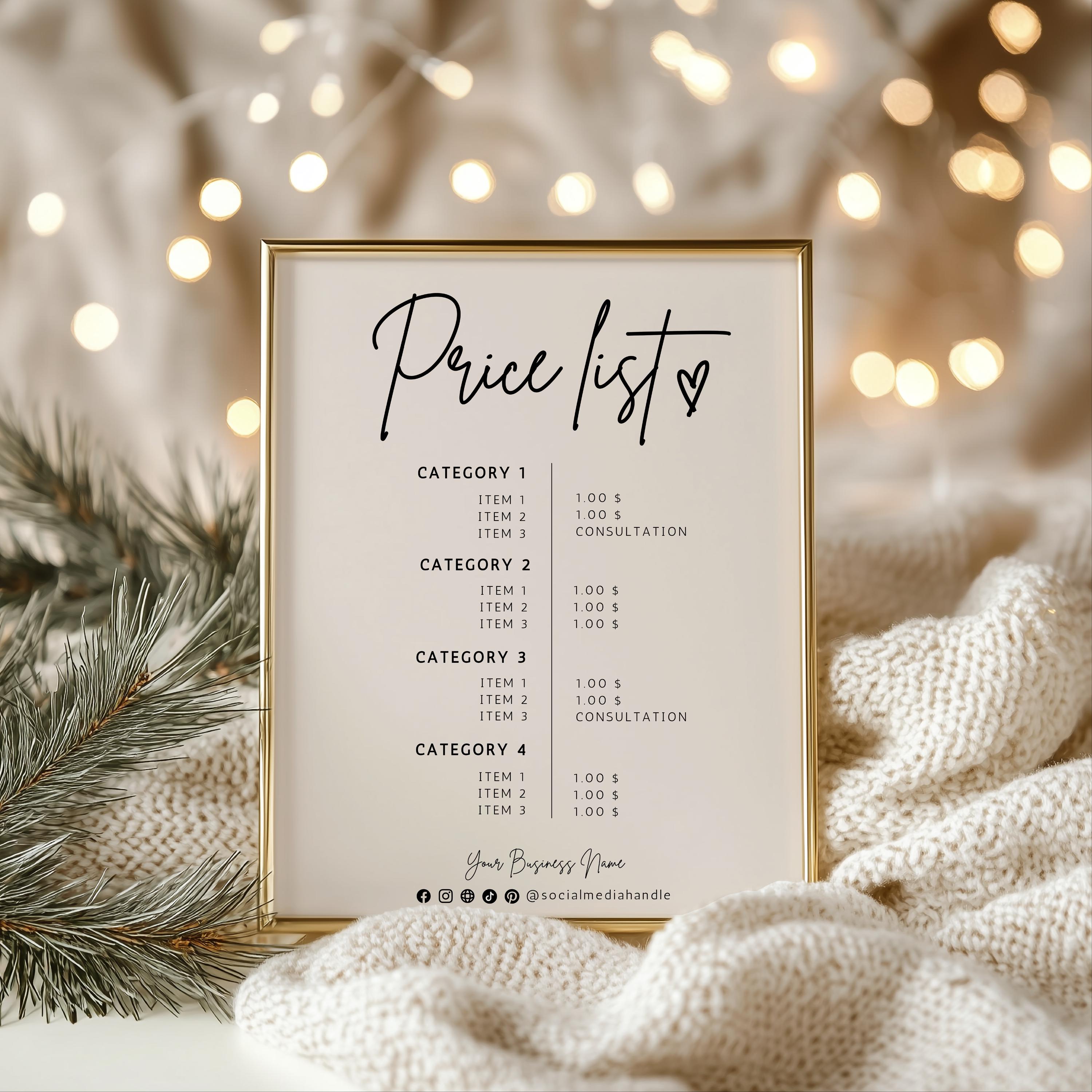 Boho Price List Template, Printable Pricing List, DIY Payment Sign ...