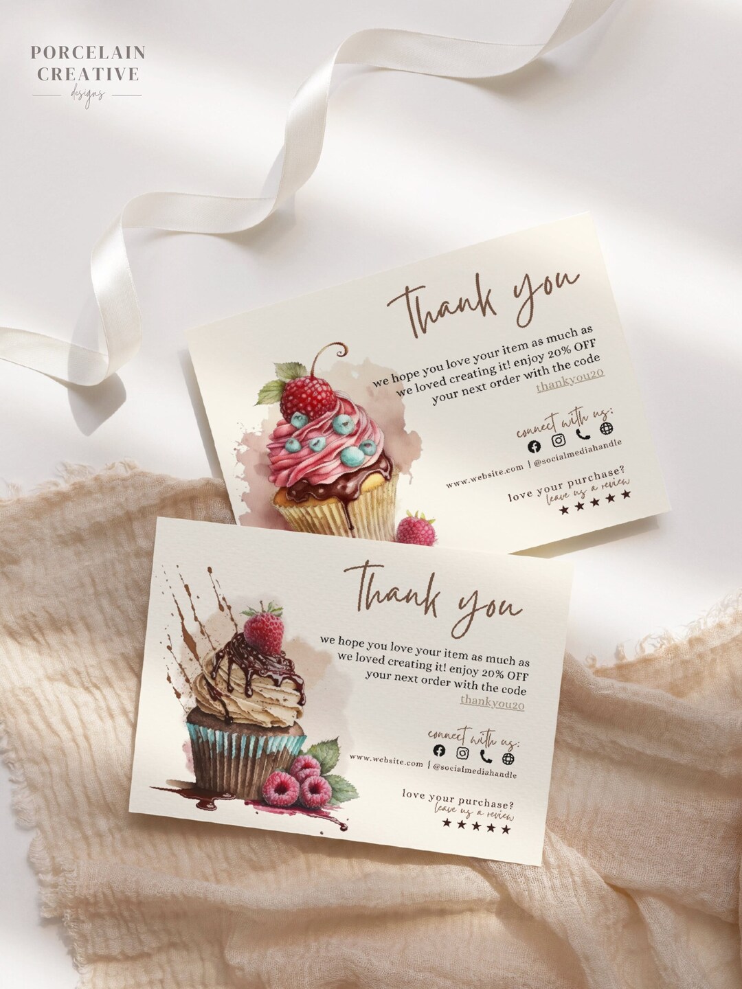 Editable Cupcake Thank You Card Bundle, Bakery Shop Card, Cookie Small ...