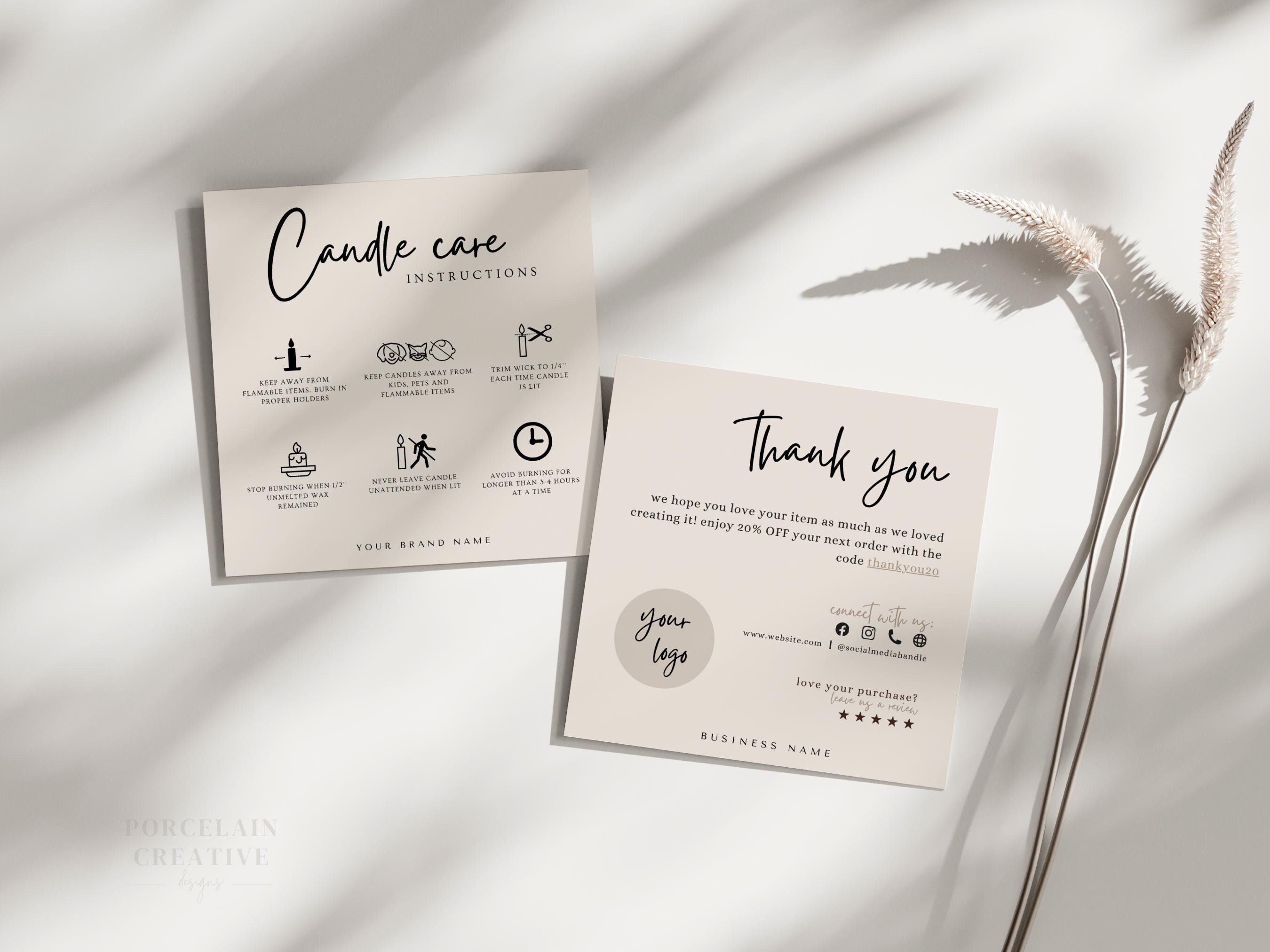 Editable Candle Care Card Template, Square Thank You Card, Printable ...