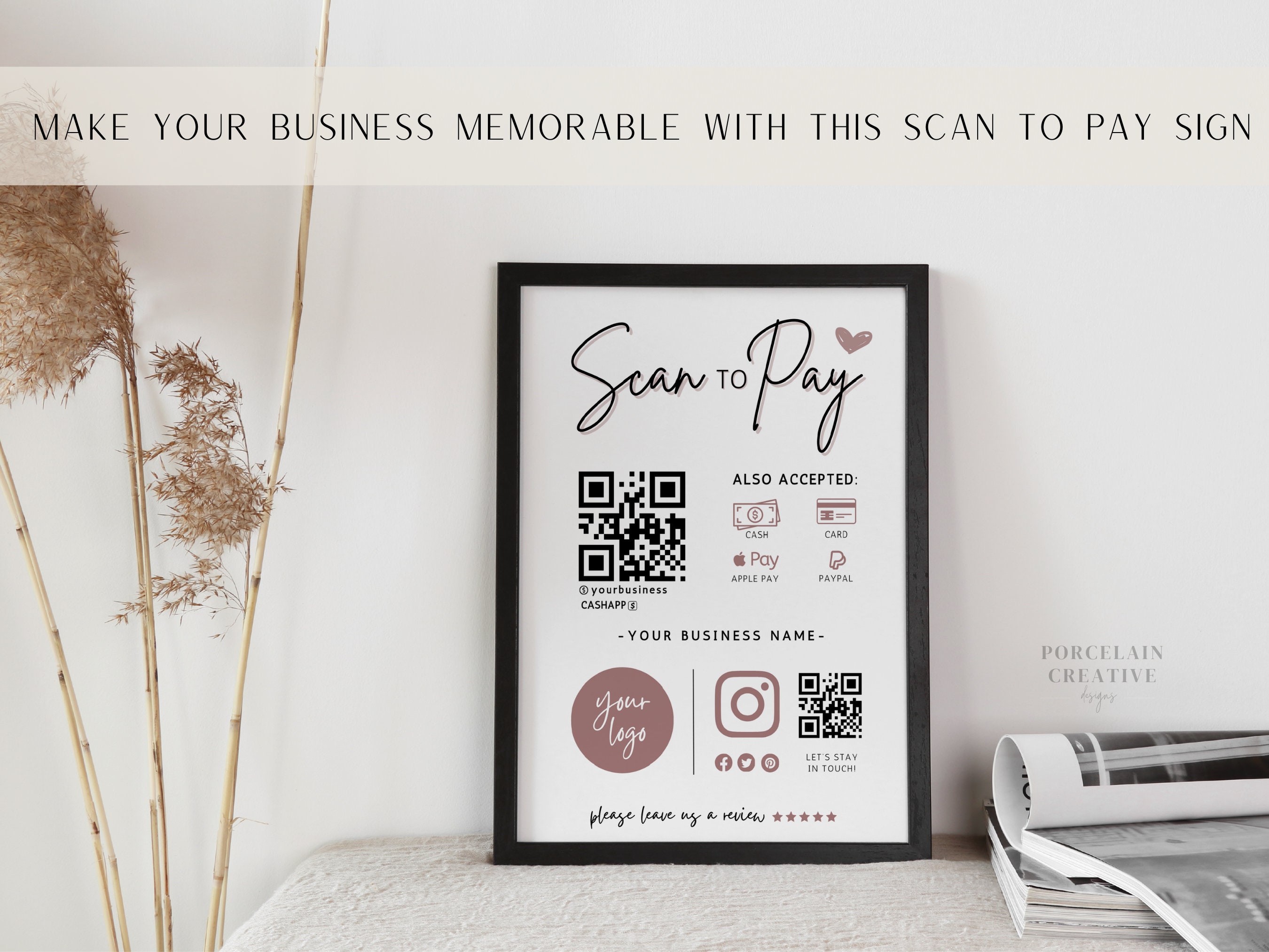 Rose Boho Scan to Pay QR Code Sign, Printable Payment Template, Venmo ...