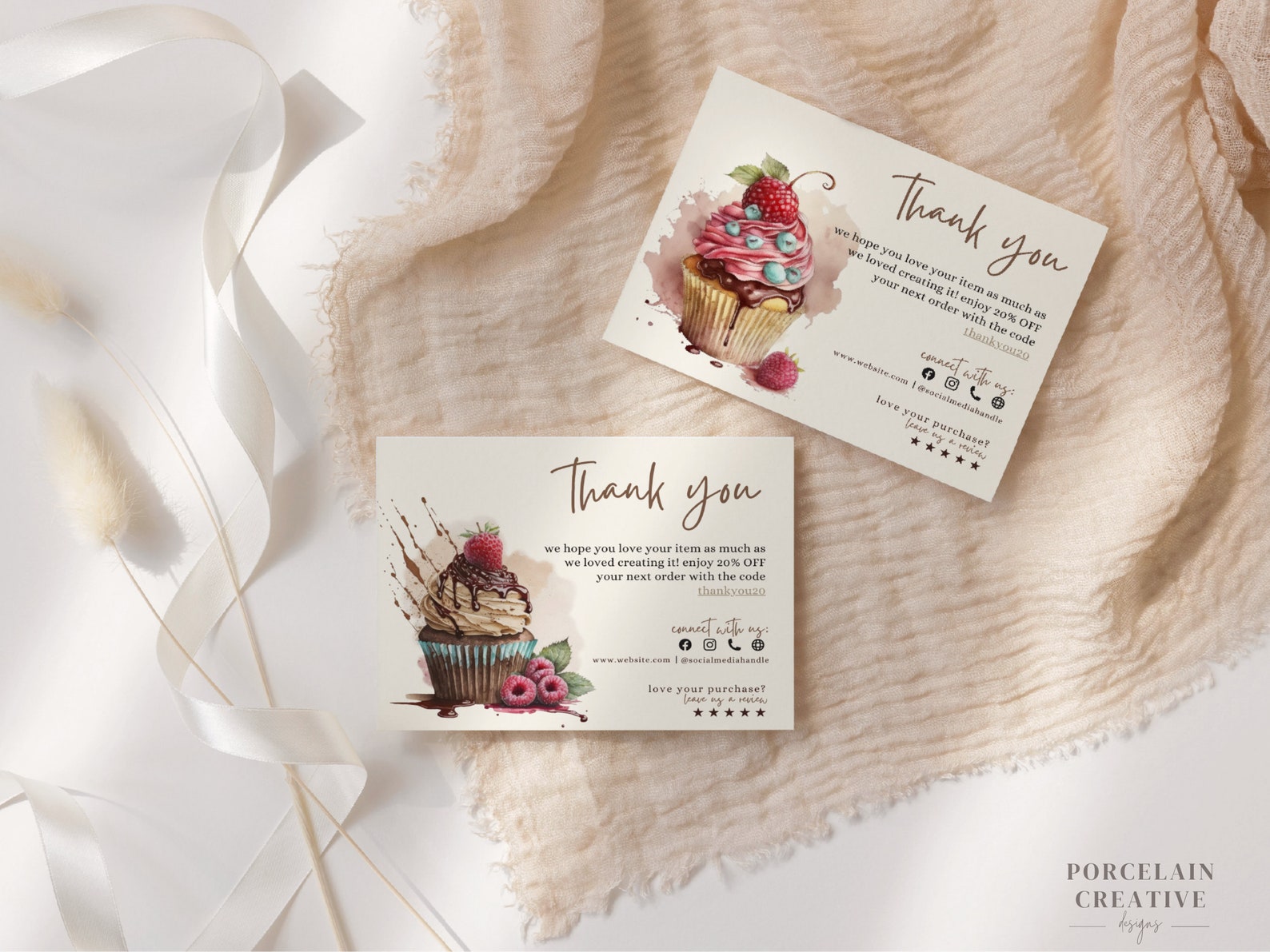Editable Cupcake Thank You Card Bundle, Bakery Shop Card, Cookie Small ...