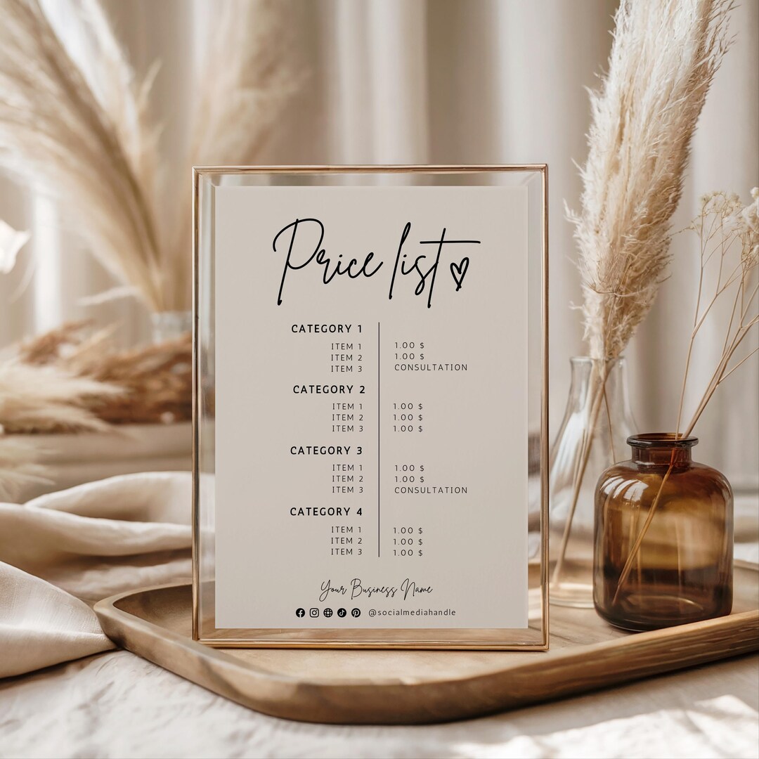 Boho Price List Template, Printable Pricing List, DIY Payment Sign ...