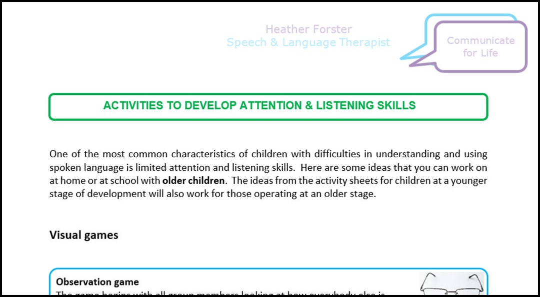 Speech & Language Therapy Activity and Information Sheets to Help ...