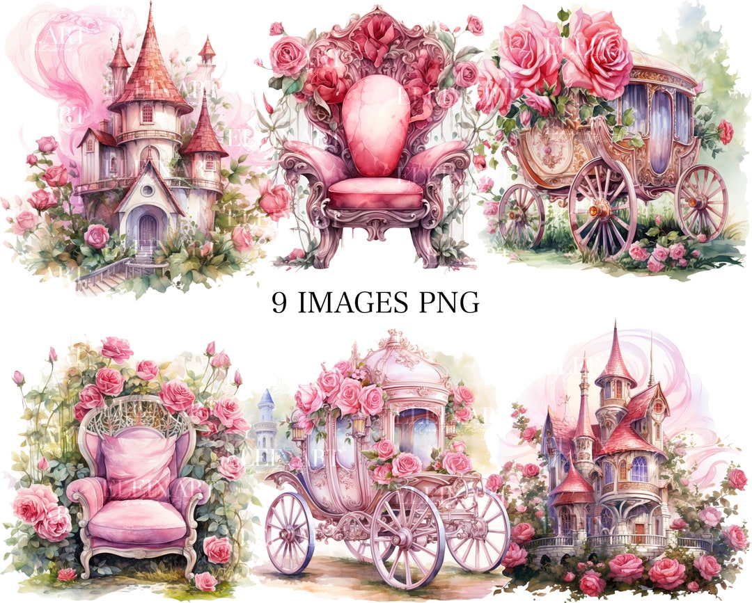 Pink Castle, Watercolor Princess Carriage Clipart, Clipart Castle ...