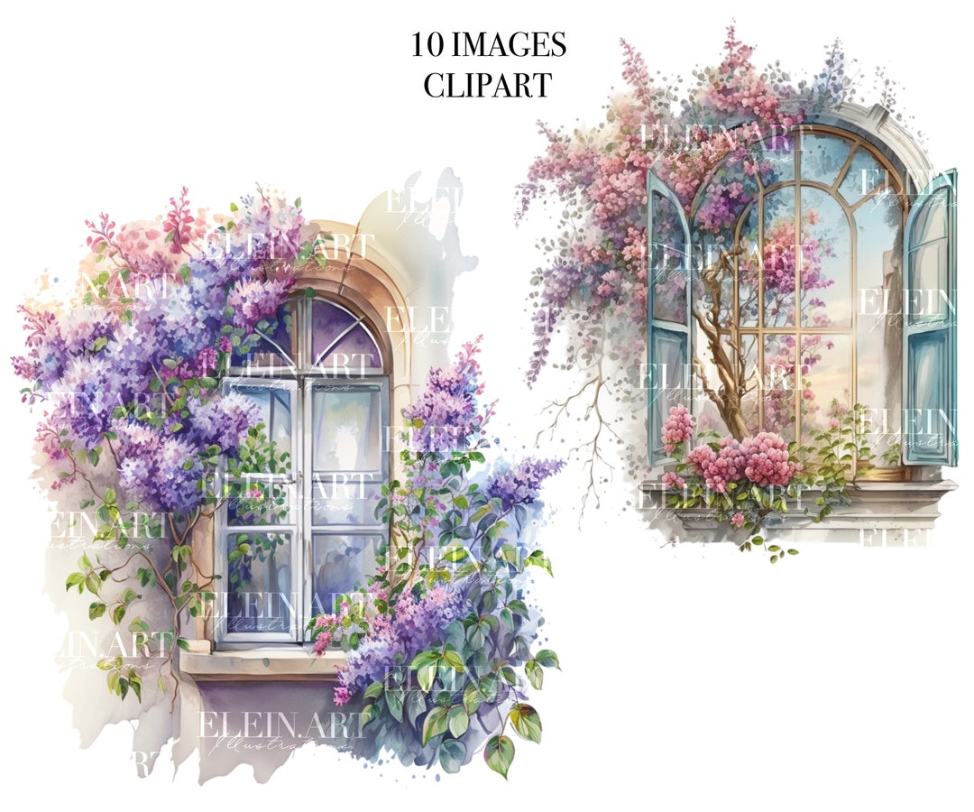 Floral Window Bundle, Flower Window Watercolor Clipart, Window Clipart ...