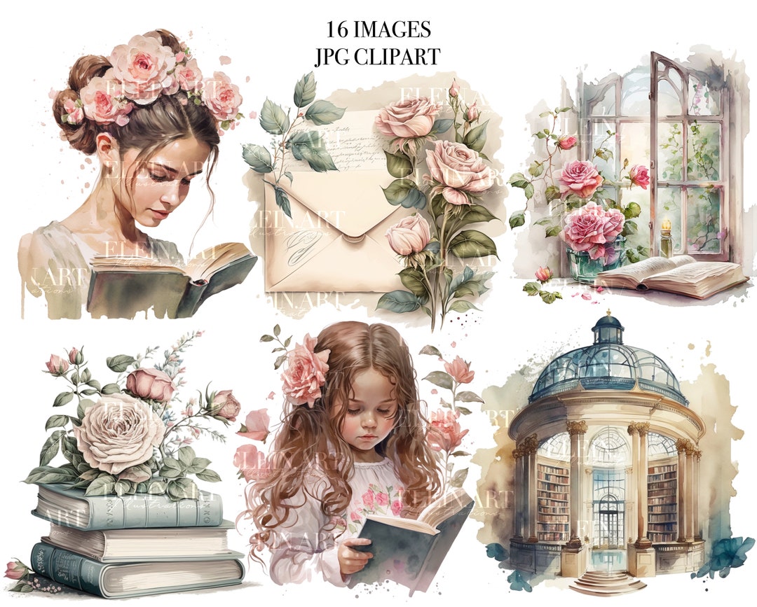 Watercolor Book Clipart, Book Watercolor Flower, Watercolor Library ...