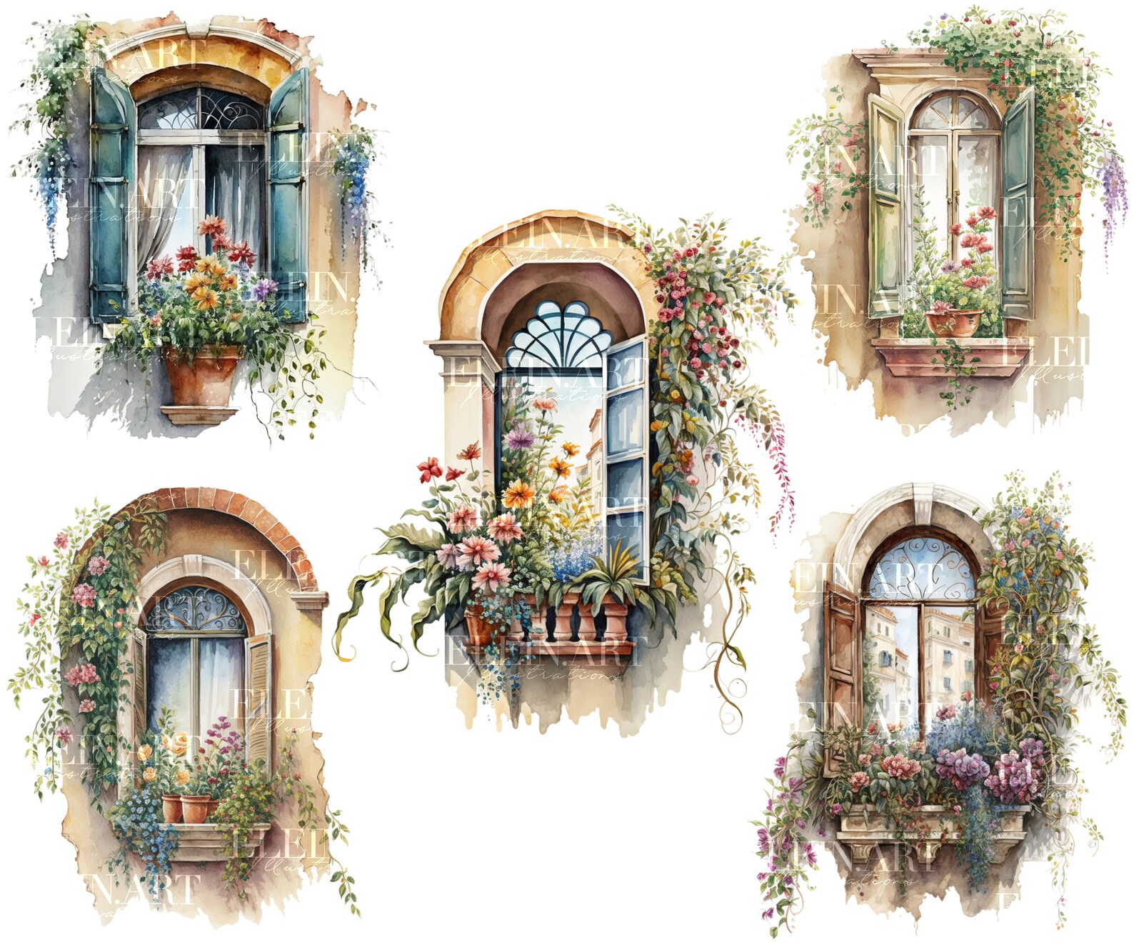 Watercolor Window Clipart, Flower Window Watercolor, Fantasy Window ...