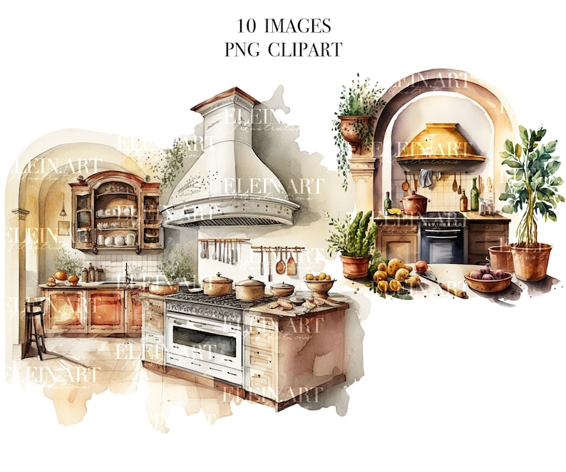 Kitchen Home Watercolor Clipart, Country Kitchen Clipart, Watercolor ...