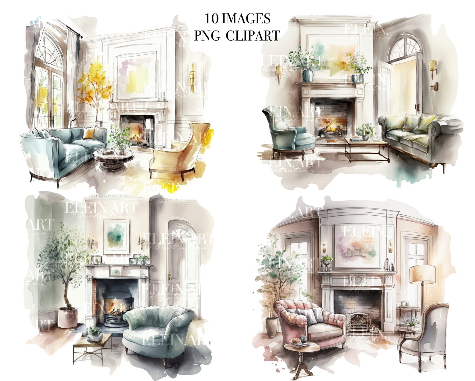 Cozy Home Clipart, Watercolor House Clipart, Watercolor Interior ...