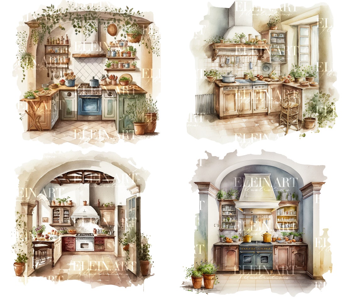 Kitchen Home Watercolor Clipart, Country Kitchen Clipart, Watercolor ...