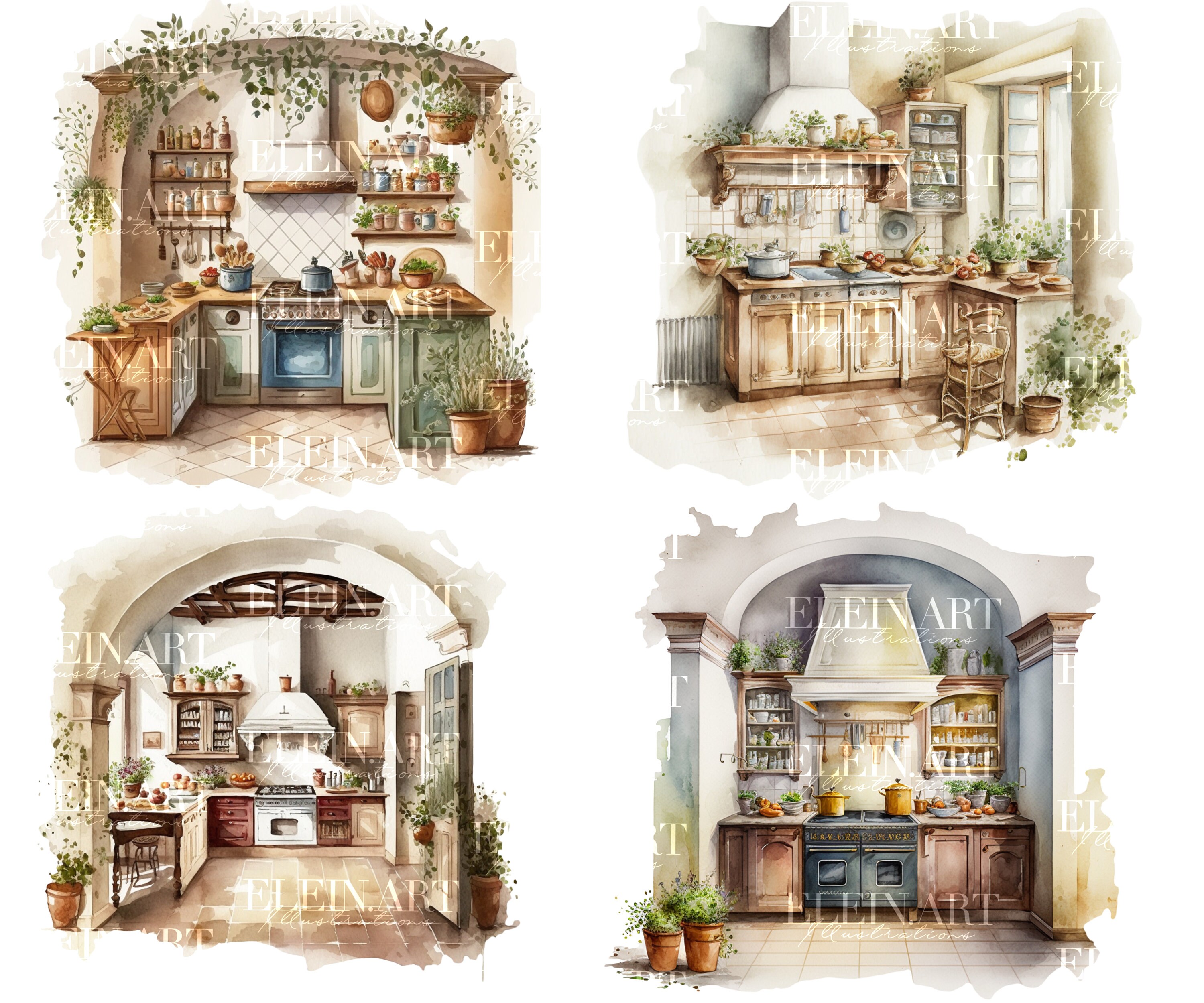 Kitchen Home Watercolor Clipart, Country Kitchen Clipart, Watercolor ...