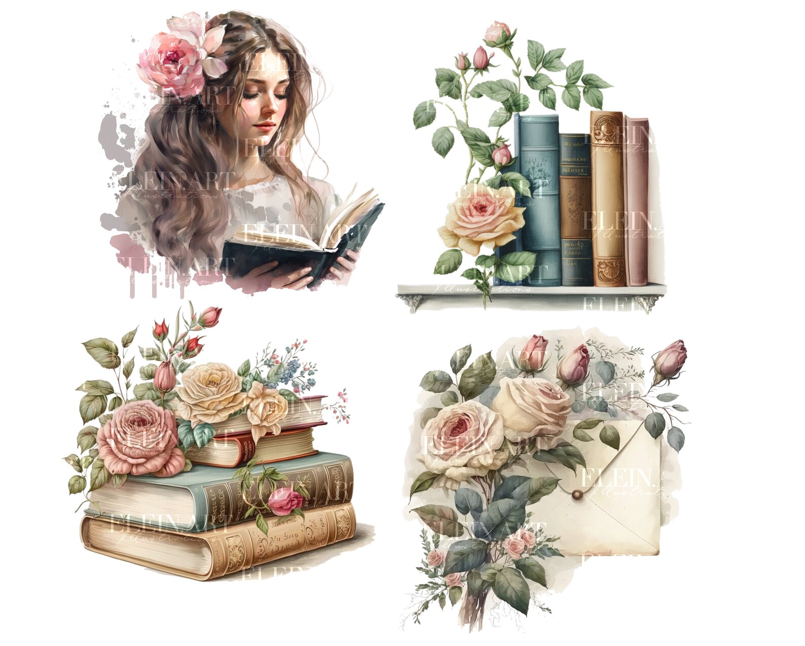 Watercolor Book Clipart, Book Watercolor Flower, Watercolor Library ...