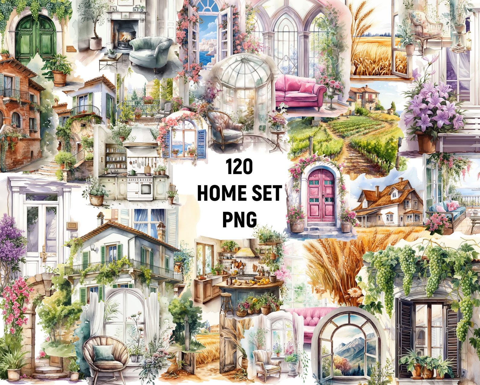 Cozy Home Clipart, Country Store Clipart, Watercolor Clipart Bundle ...