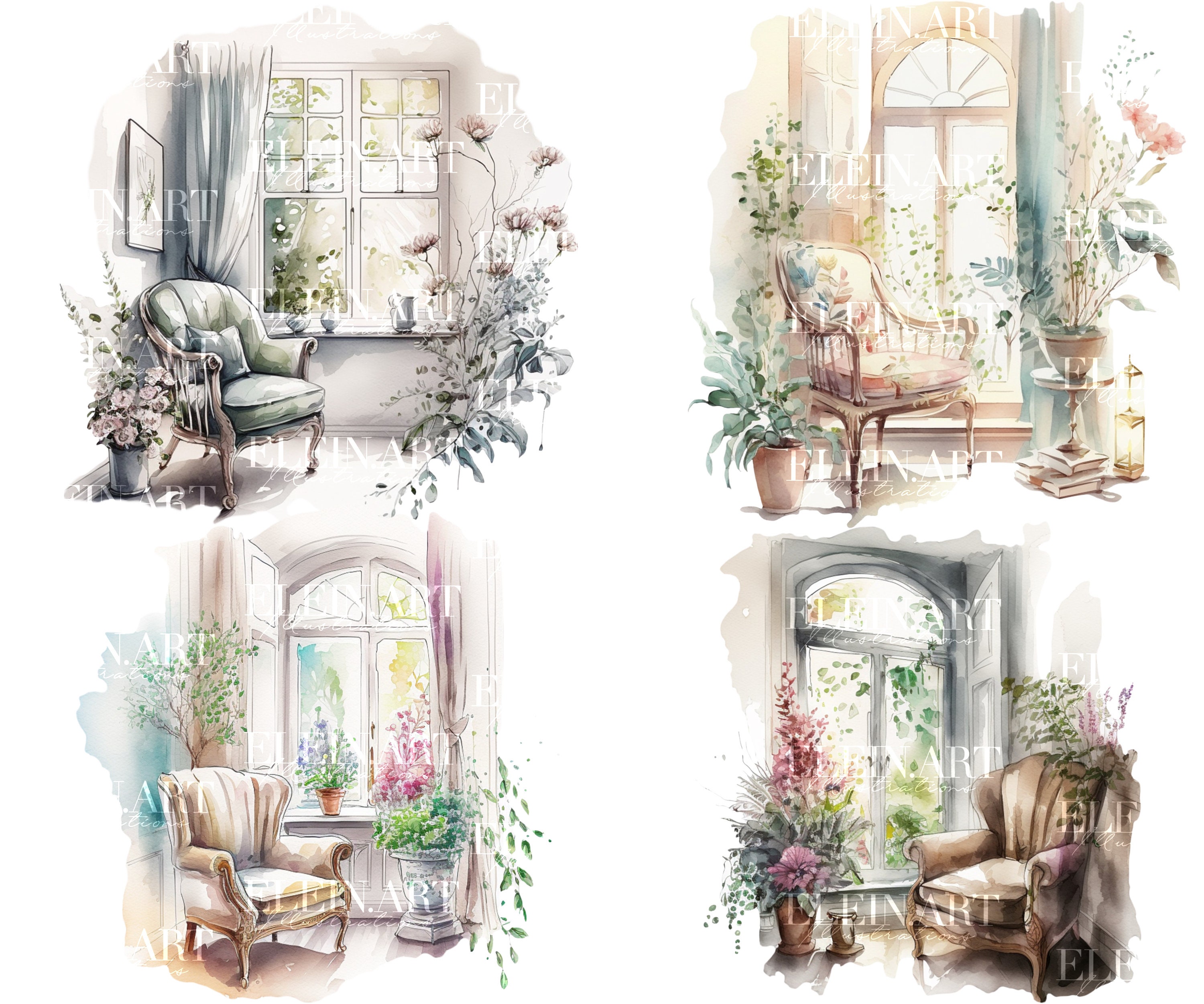 Cozy Home Clipart, Watercolor House Clipart, Watercolor Interior ...