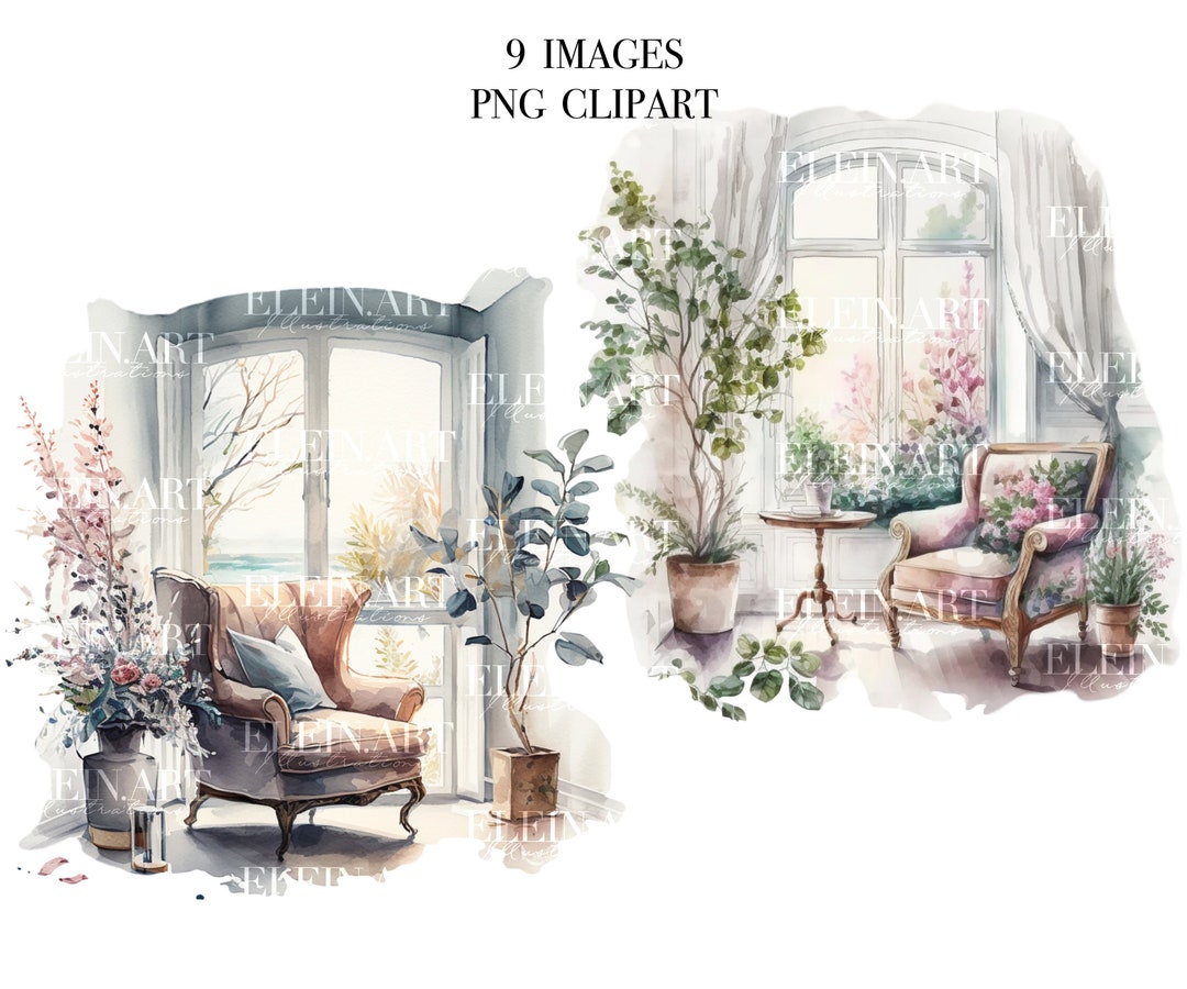 Cozy Home Clipart, Watercolor House Clipart, Watercolor Interior ...