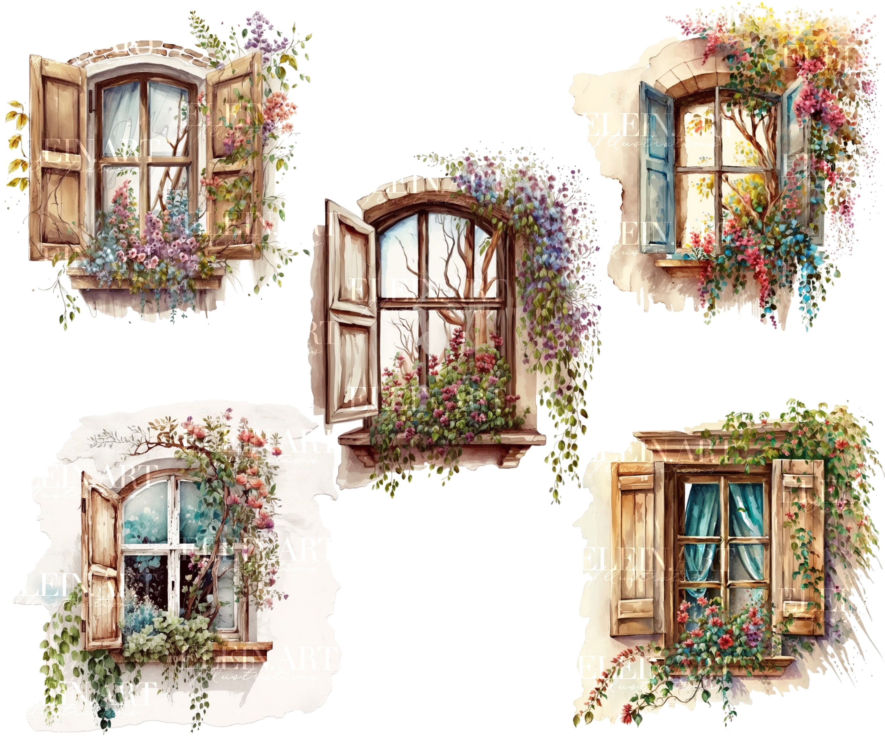 Watercolor Window Clipart, Flower Window Watercolor, Window Bundle ...