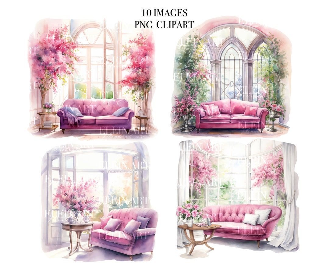 Cozy Home Clipart, Watercolor House Clipart, Living Room Clipart, Cozy ...