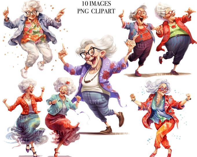 25 Funny Old Ladies Clipart, Watercolor Funny Women Dancing Digital Art ...