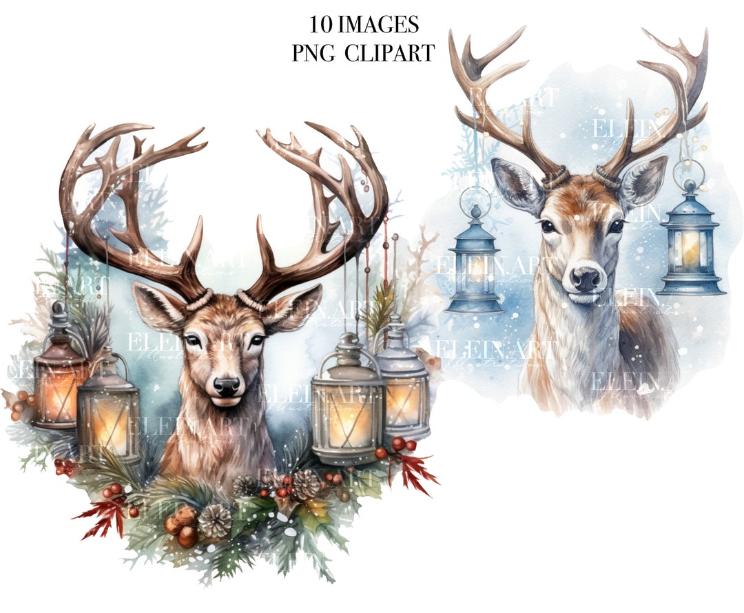 Christmas Clipart Watercolor, Holiday Clipart, Deer Clipart, Deer ...