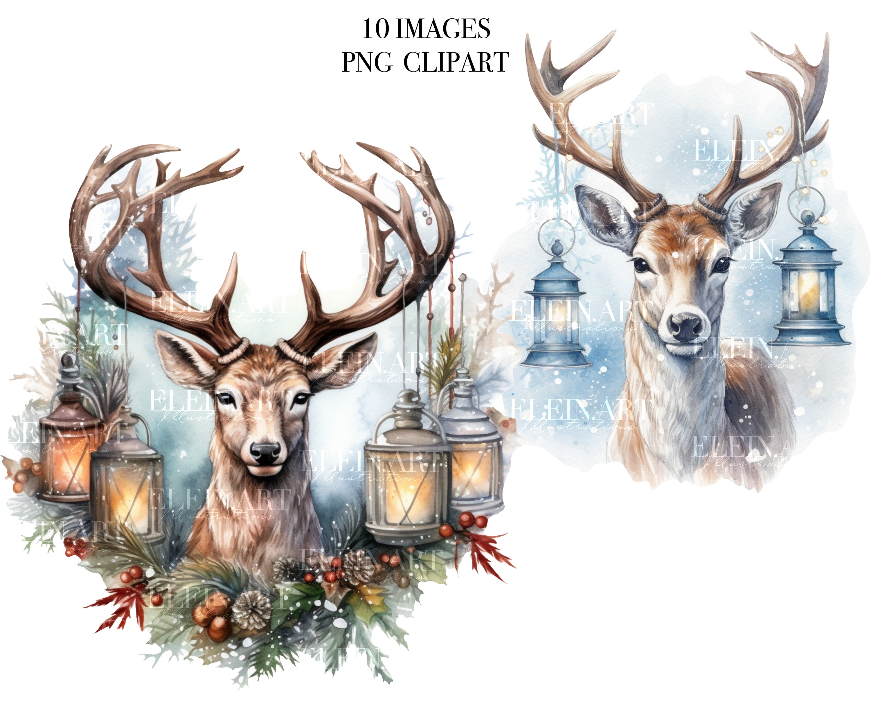 Christmas Clipart Watercolor, Holiday Clipart, Deer Clipart, Deer ...