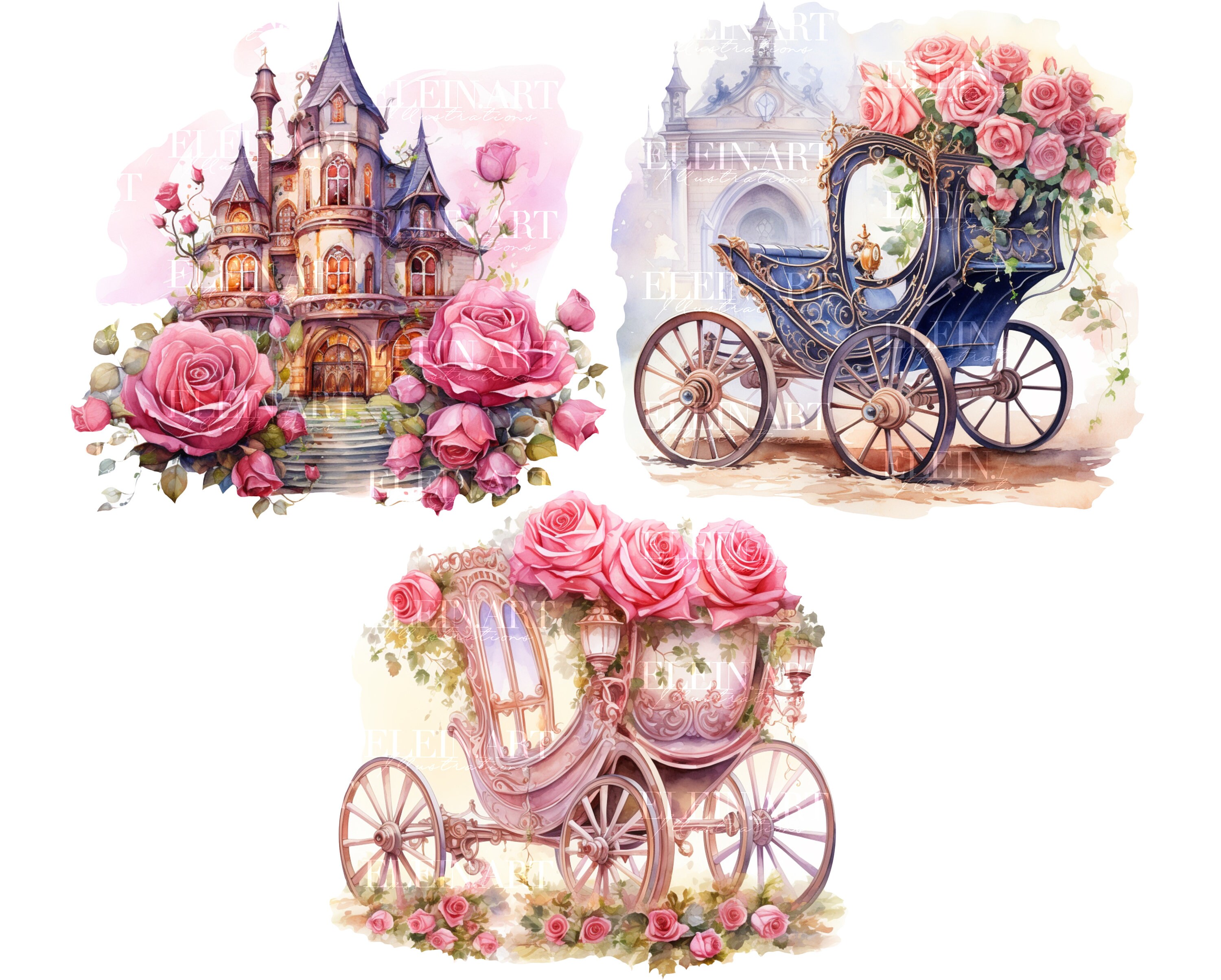 Pink Castle, Watercolor Princess Carriage Clipart, Clipart Castle ...