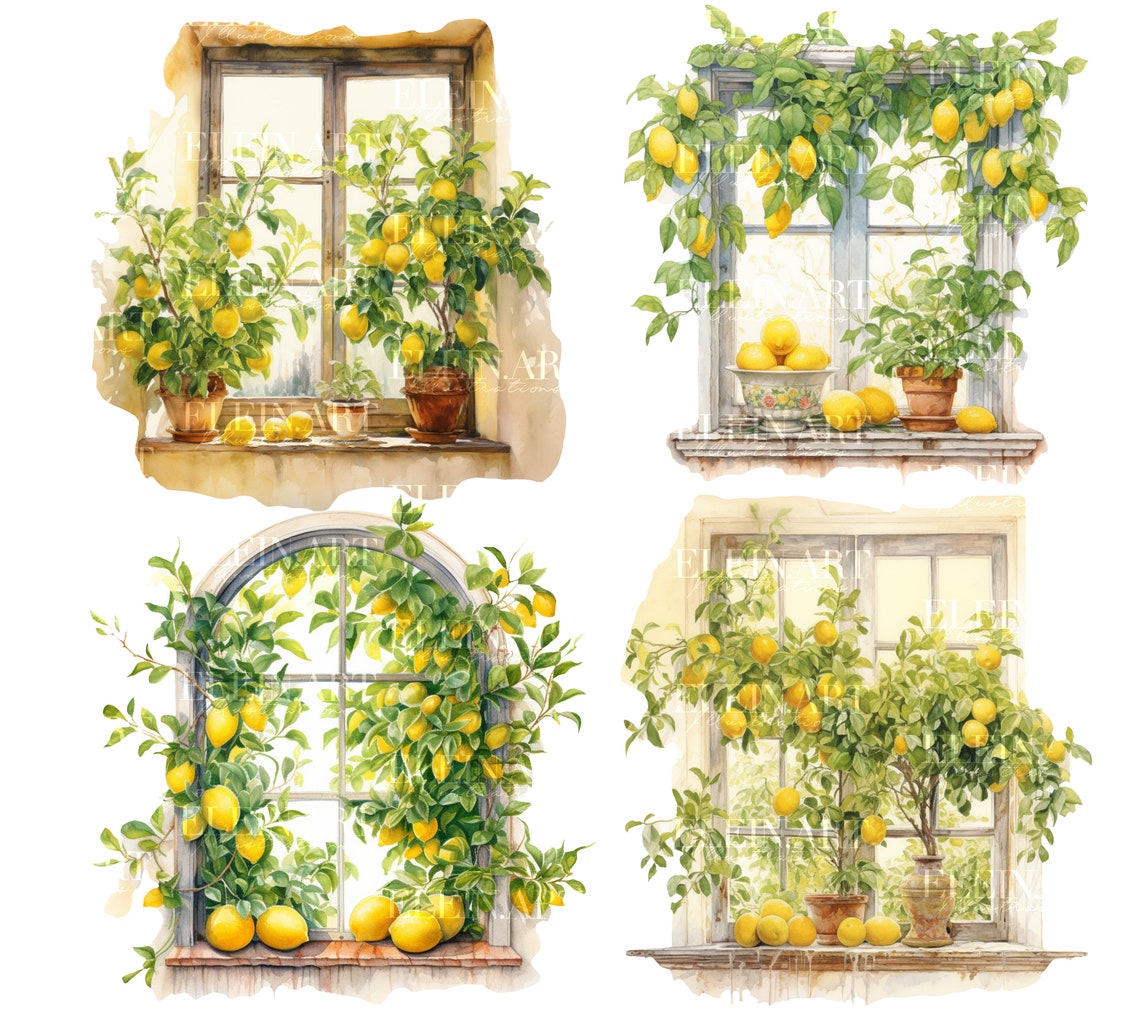 Lemon Clipart, Window Clipart, Watercolor Window, Garden Clipart ...