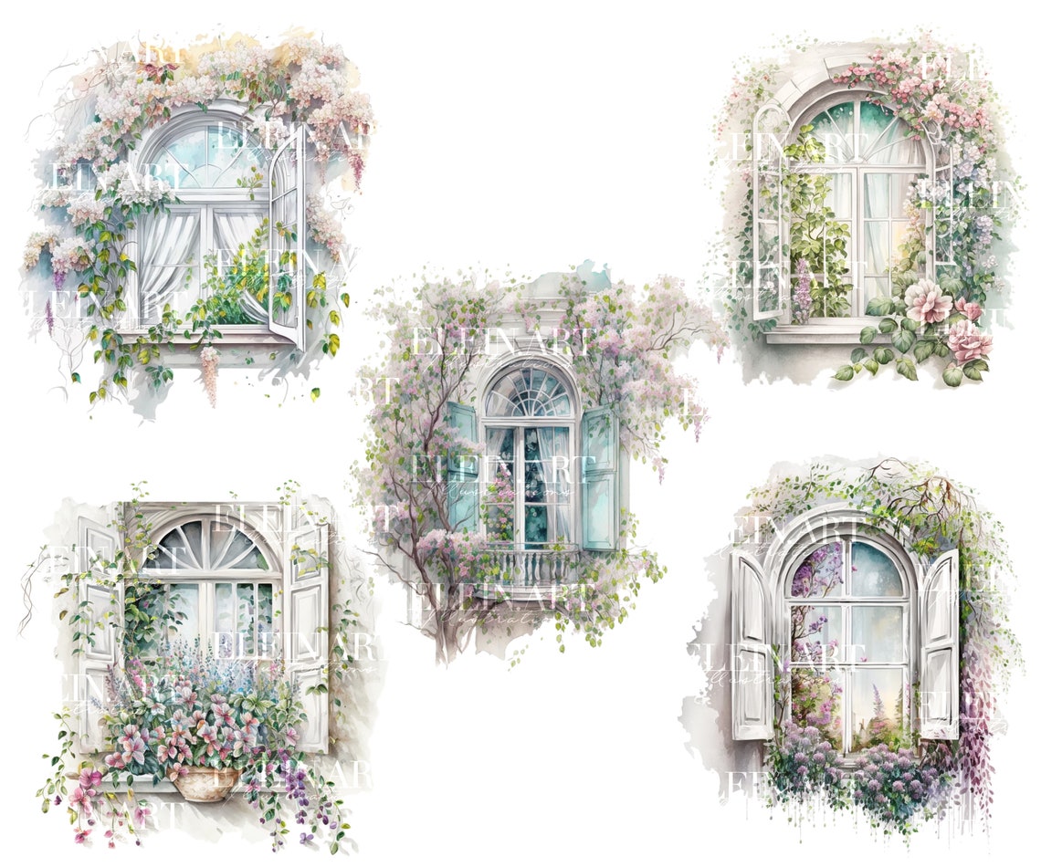 Floral Window Bundle, Flower Window Watercolor Clipart, Window Clipart ...