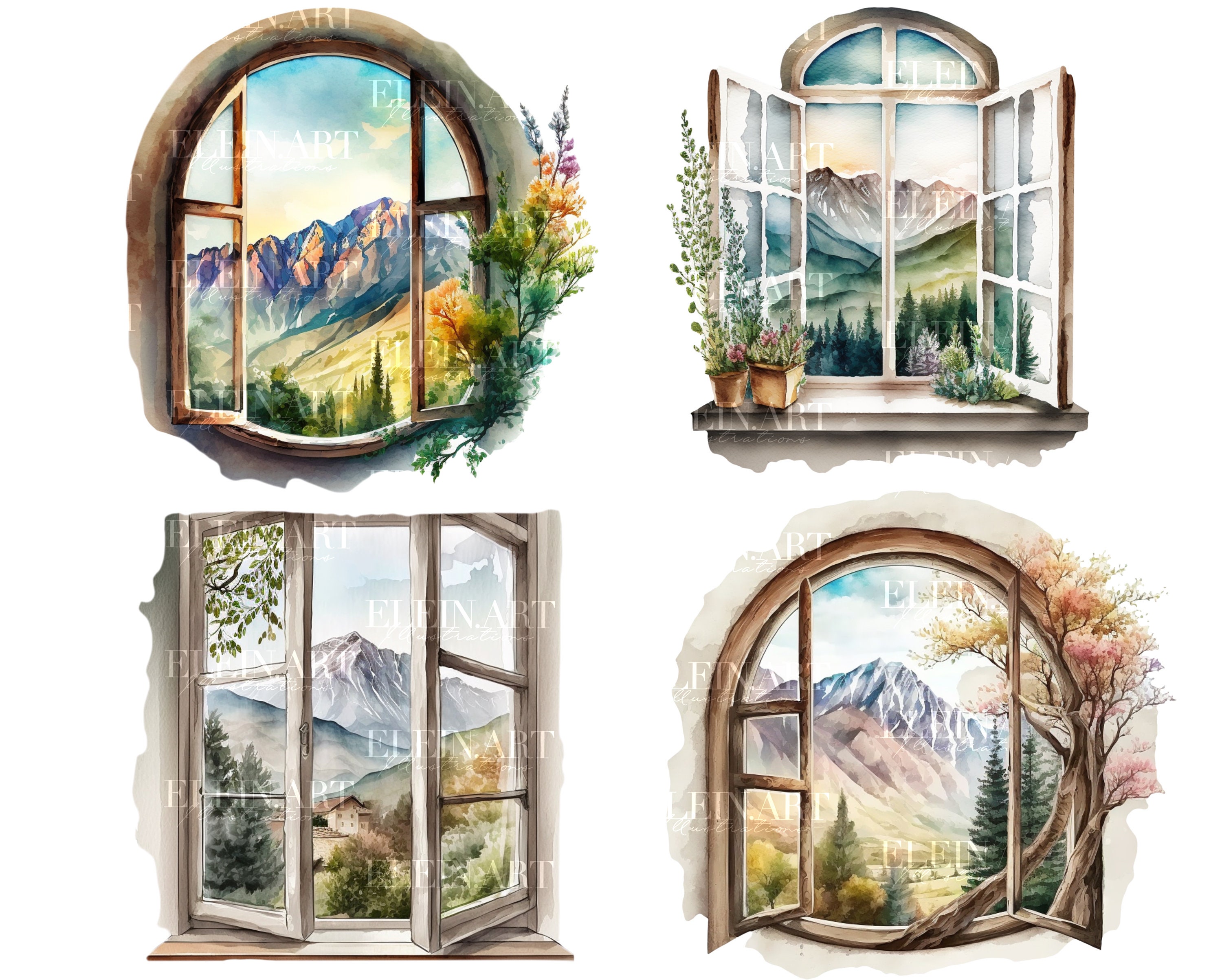 Watercolor Window Clipart, Mountain View Clipart, Flower Window ...