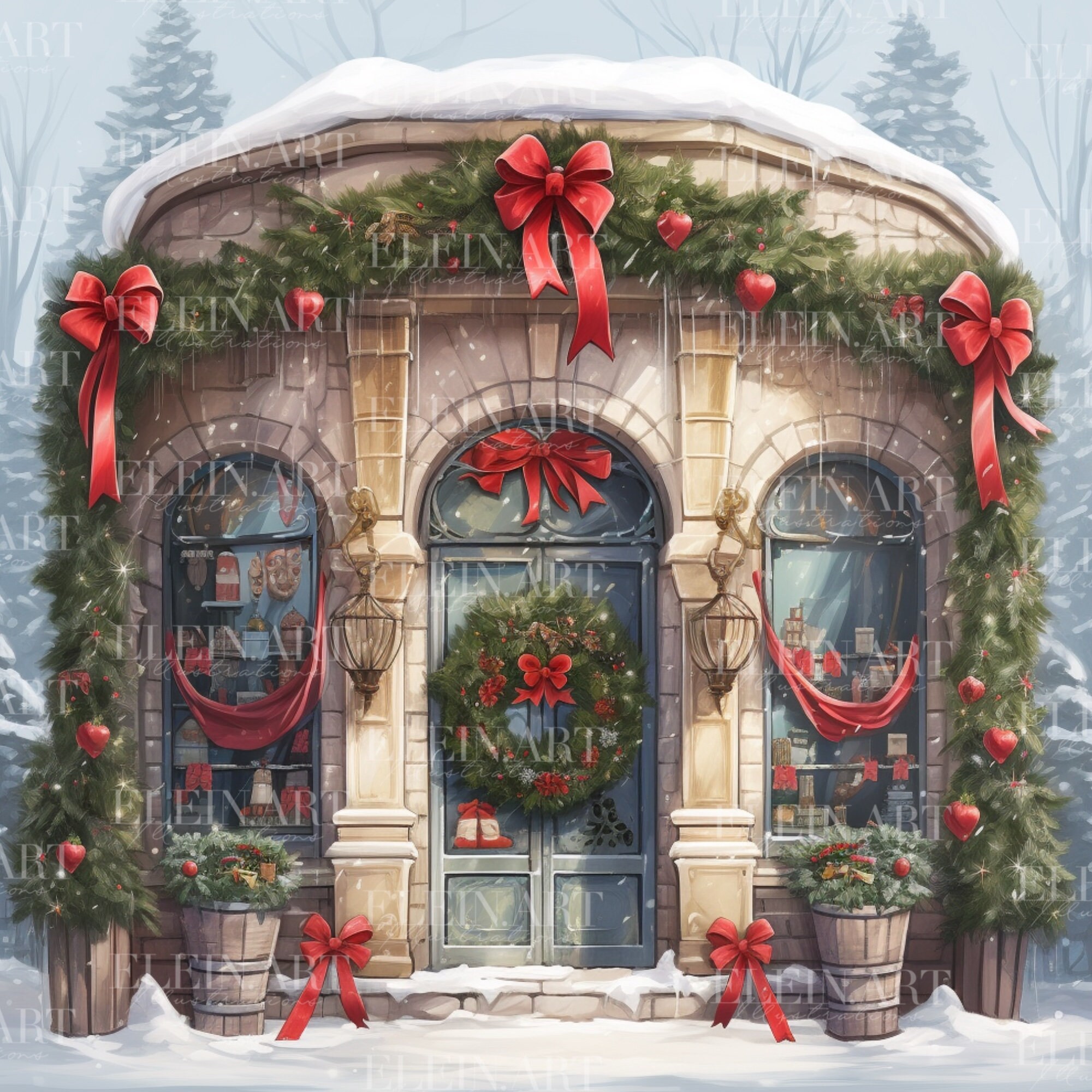 Watercolor Christmas Clipart, Christmas Village, Christmas Shop Clipart ...