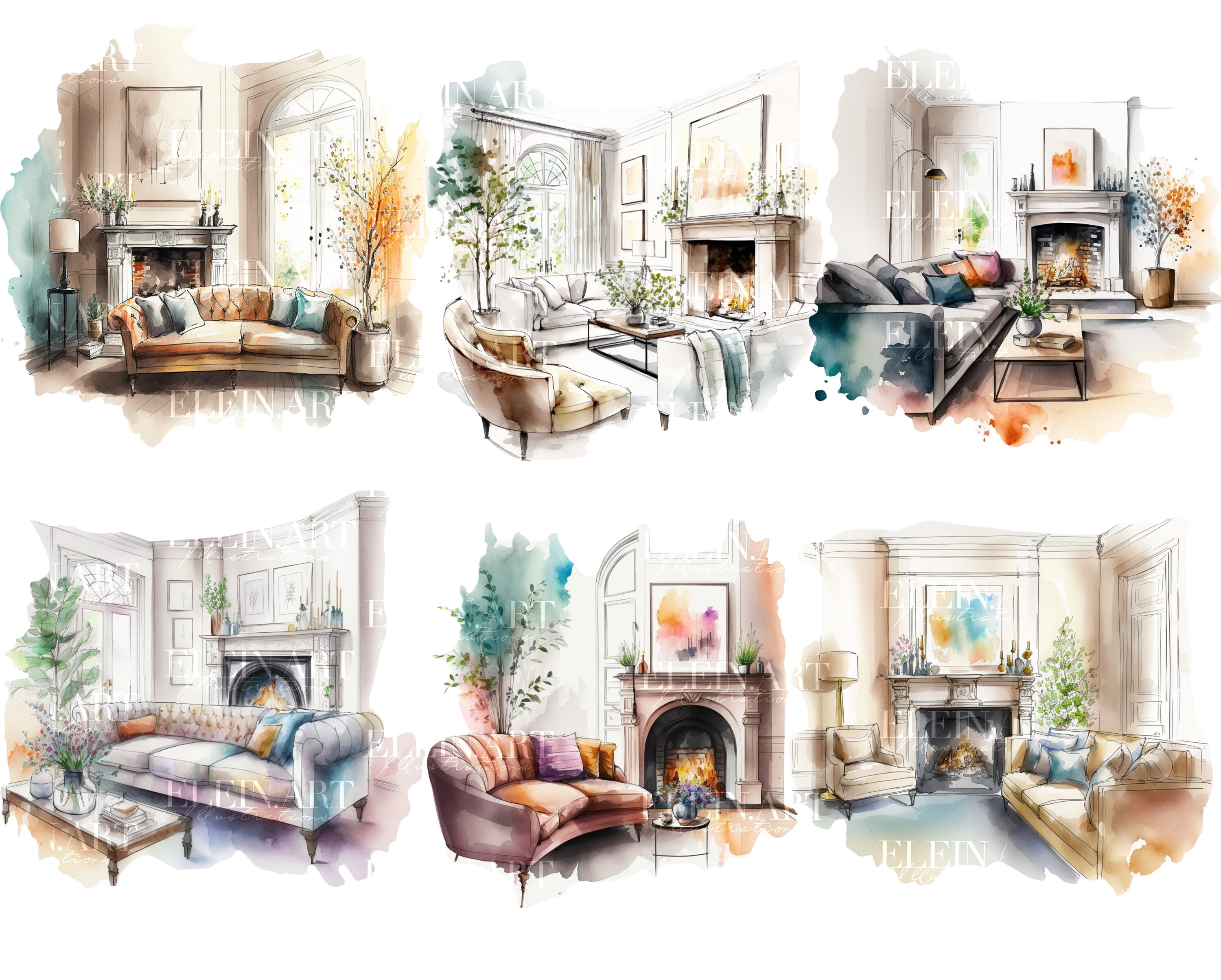 Cozy Home Clipart, Watercolor House Clipart, Watercolor Interior ...