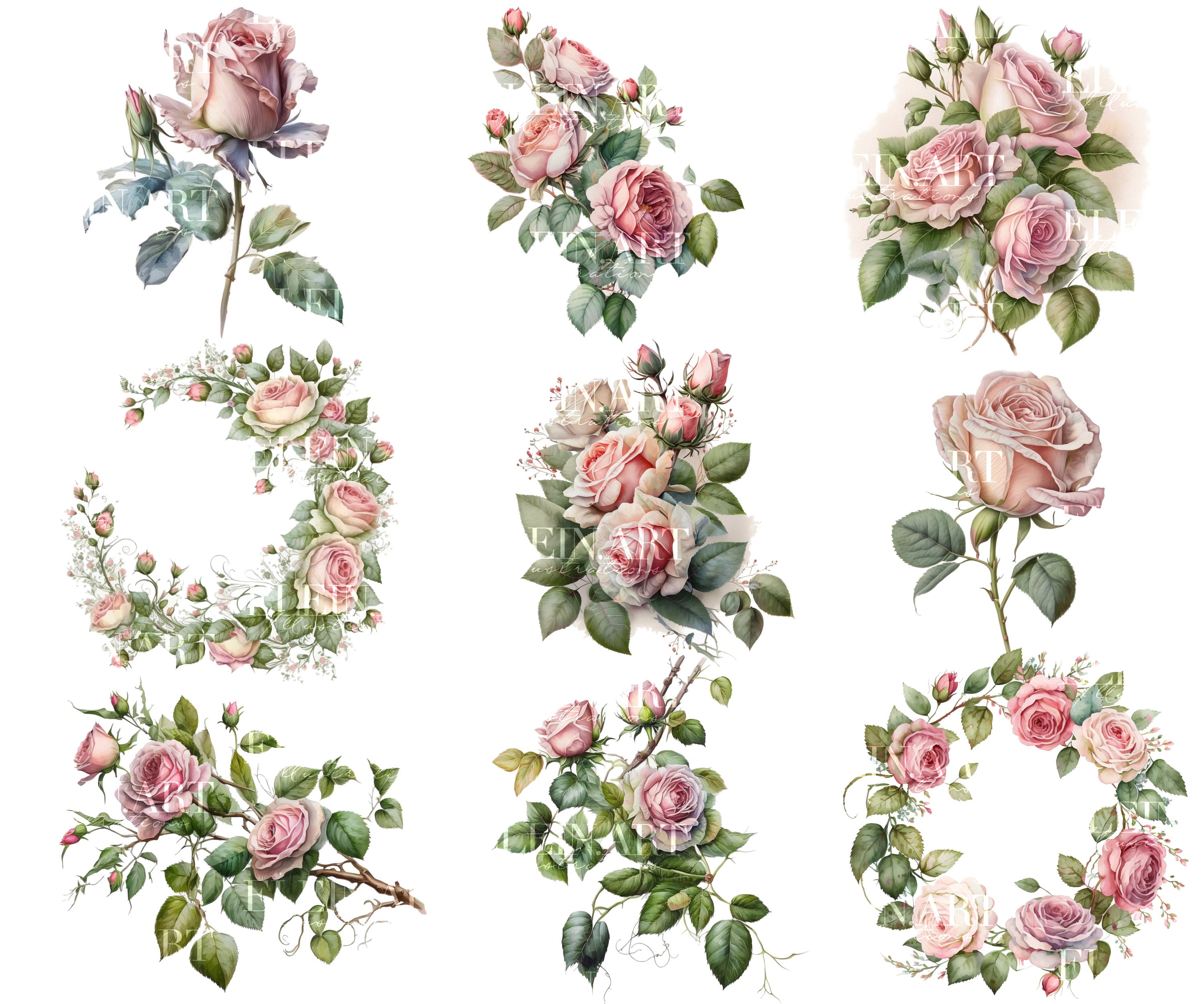 Watercolor Roses Clipart, Watercolor Pink Roses Flower, Floral Wreath ...