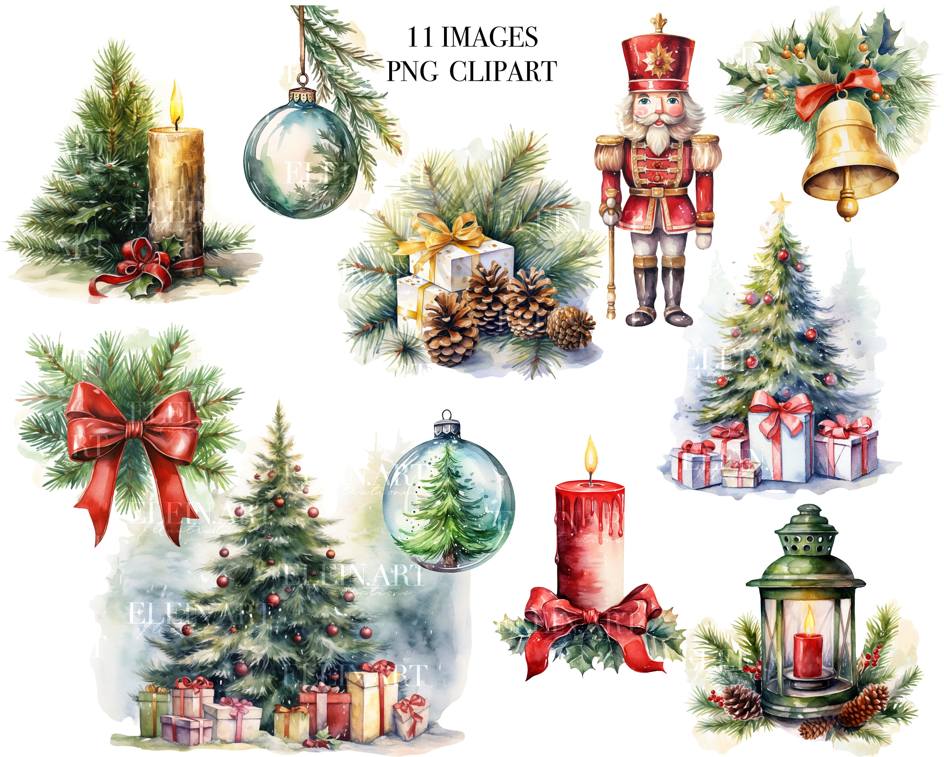 Watercolor Christmas Clipart PNG, Christmas Bundle Clipart, Watercolor ...
