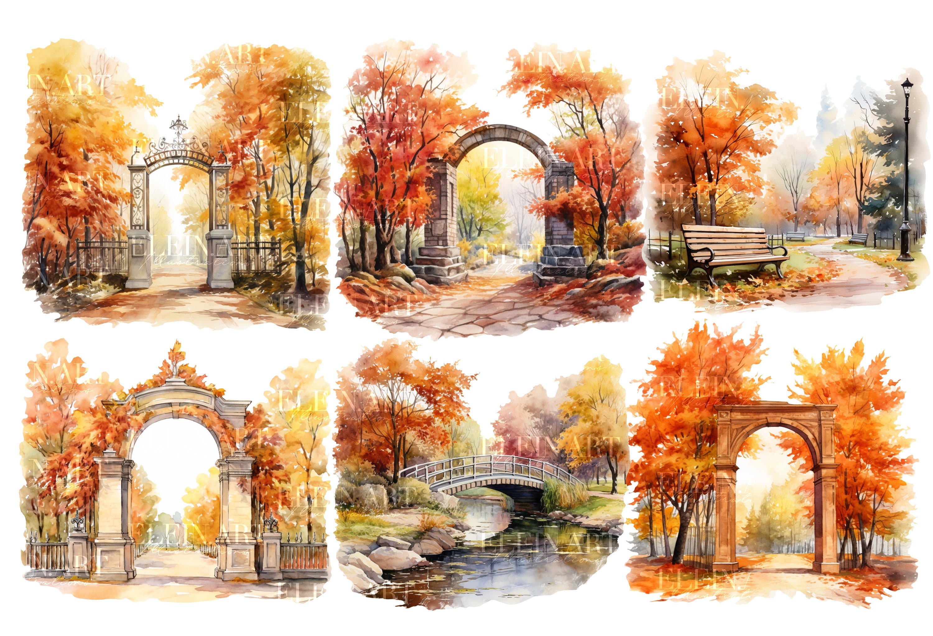 Watercolor Autumn Clipart, Landscape Clipart, Autumn PNG, Autumn ...