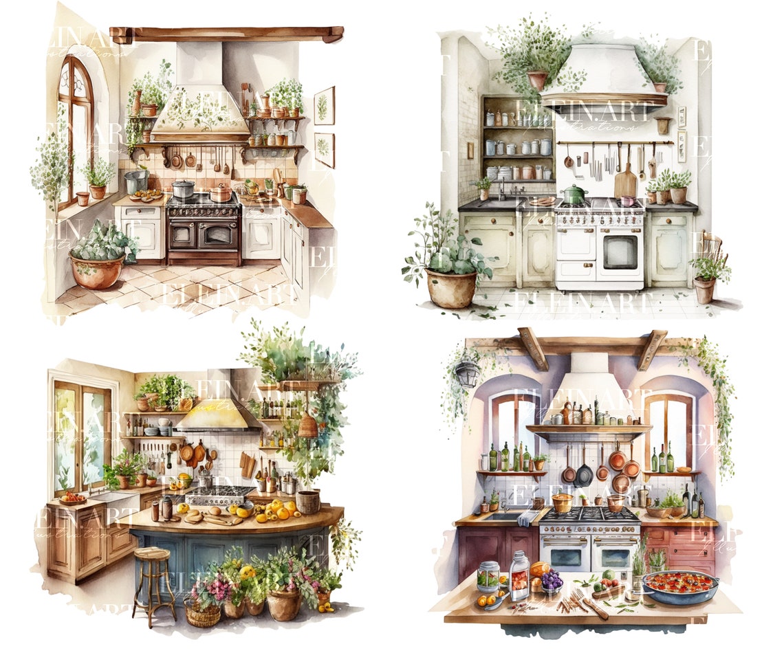Kitchen Home Watercolor Clipart, Country Kitchen Clipart, Watercolor ...