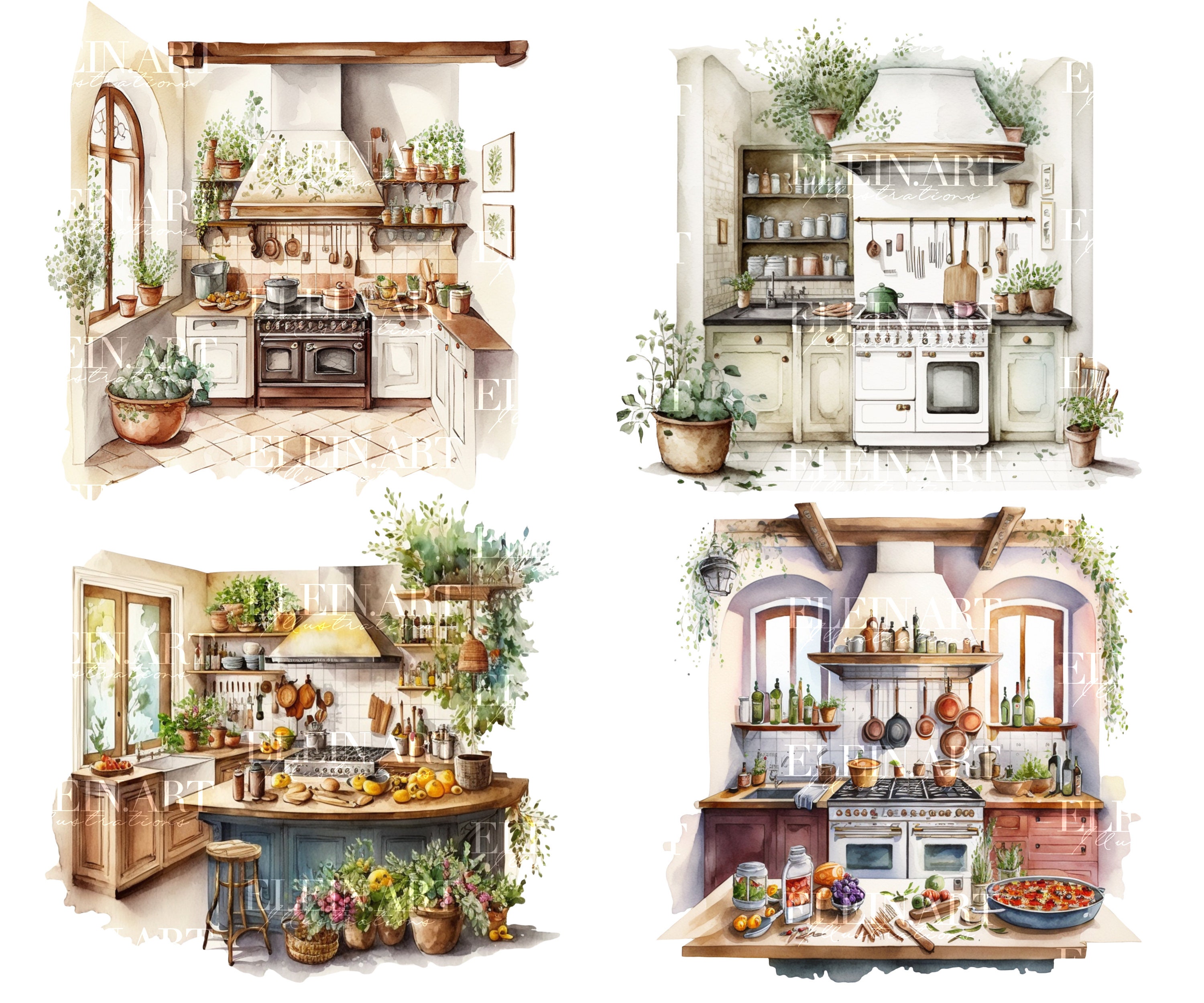 Kitchen Home Watercolor Clipart, Country Kitchen Clipart, Watercolor ...