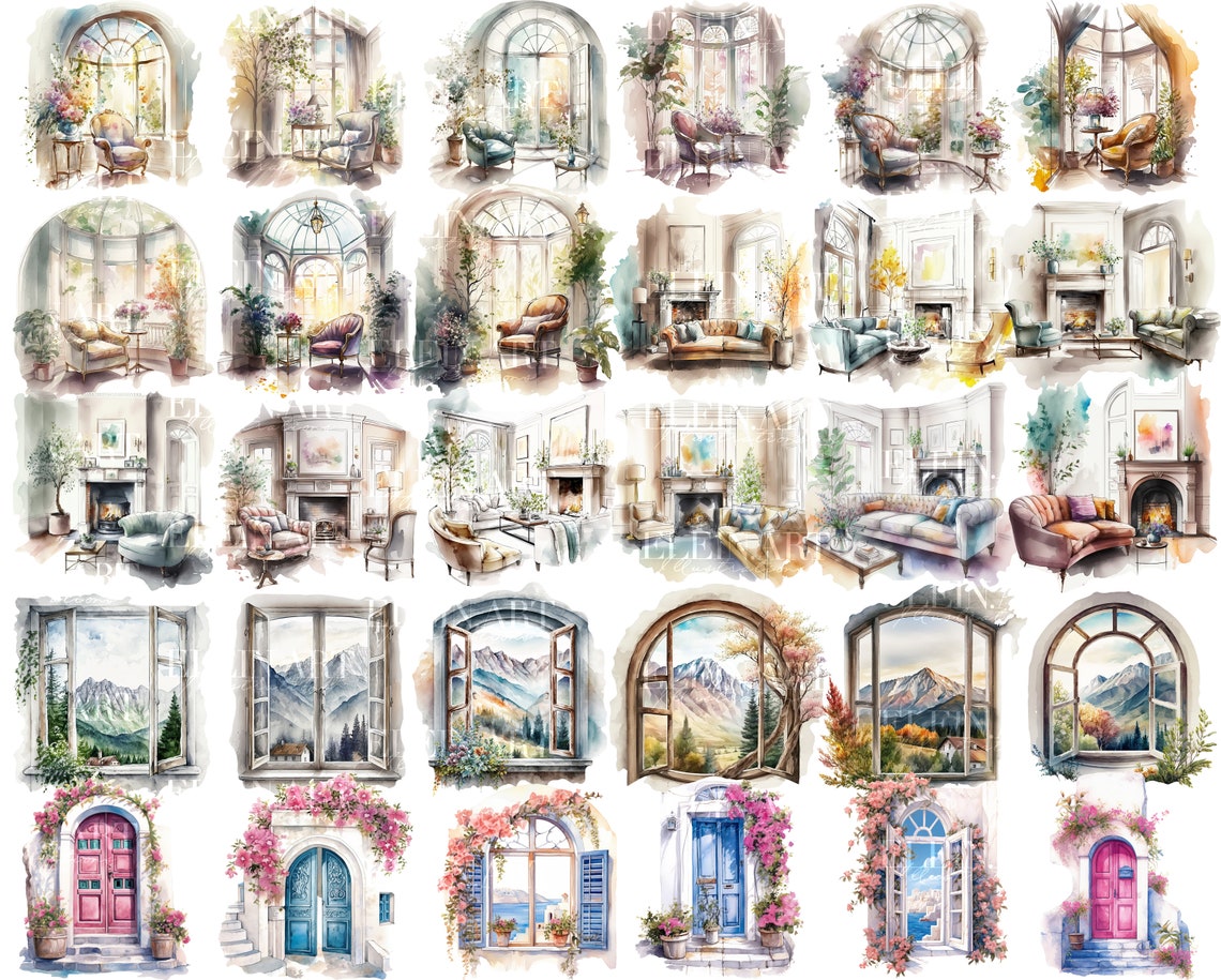 Cozy Home Clipart, Country Store Clipart, Watercolor Clipart Bundle ...