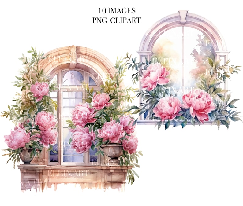 Watercolor Window Clipart, Clipart Bundle Watercolor, Peony Clipart ...