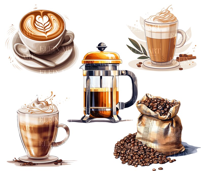 Watercolor Coffee Clipart, Coffee Drinks Clipart, Breakfast Clipart ...