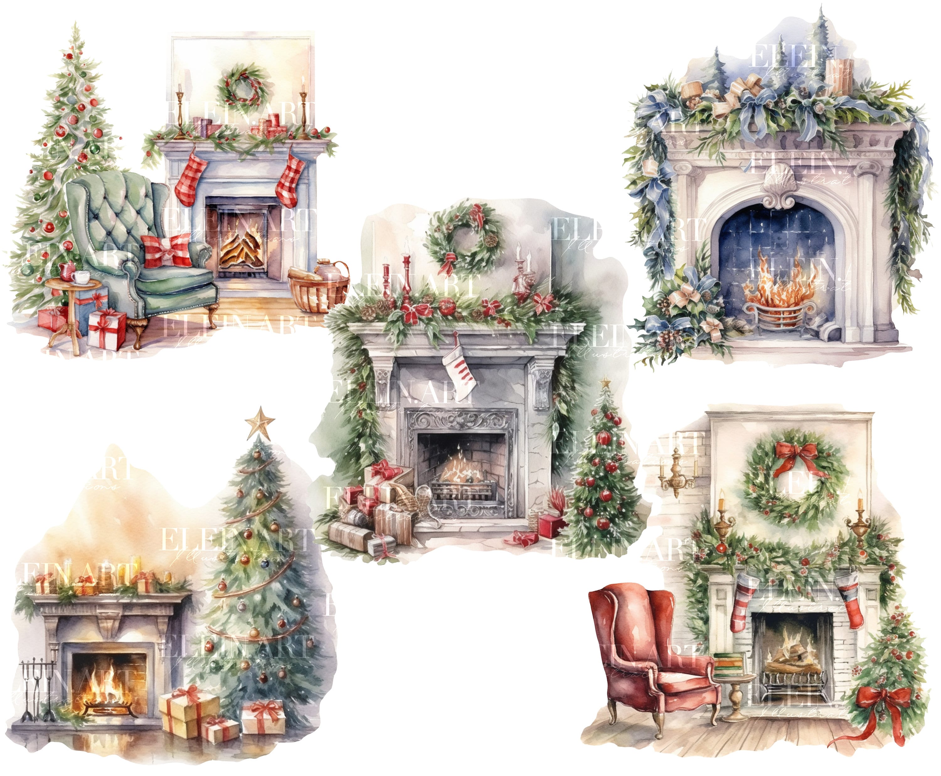 Christmas Clipart, Christmas Fireplace Clipart, Fireplace Watercolor ...